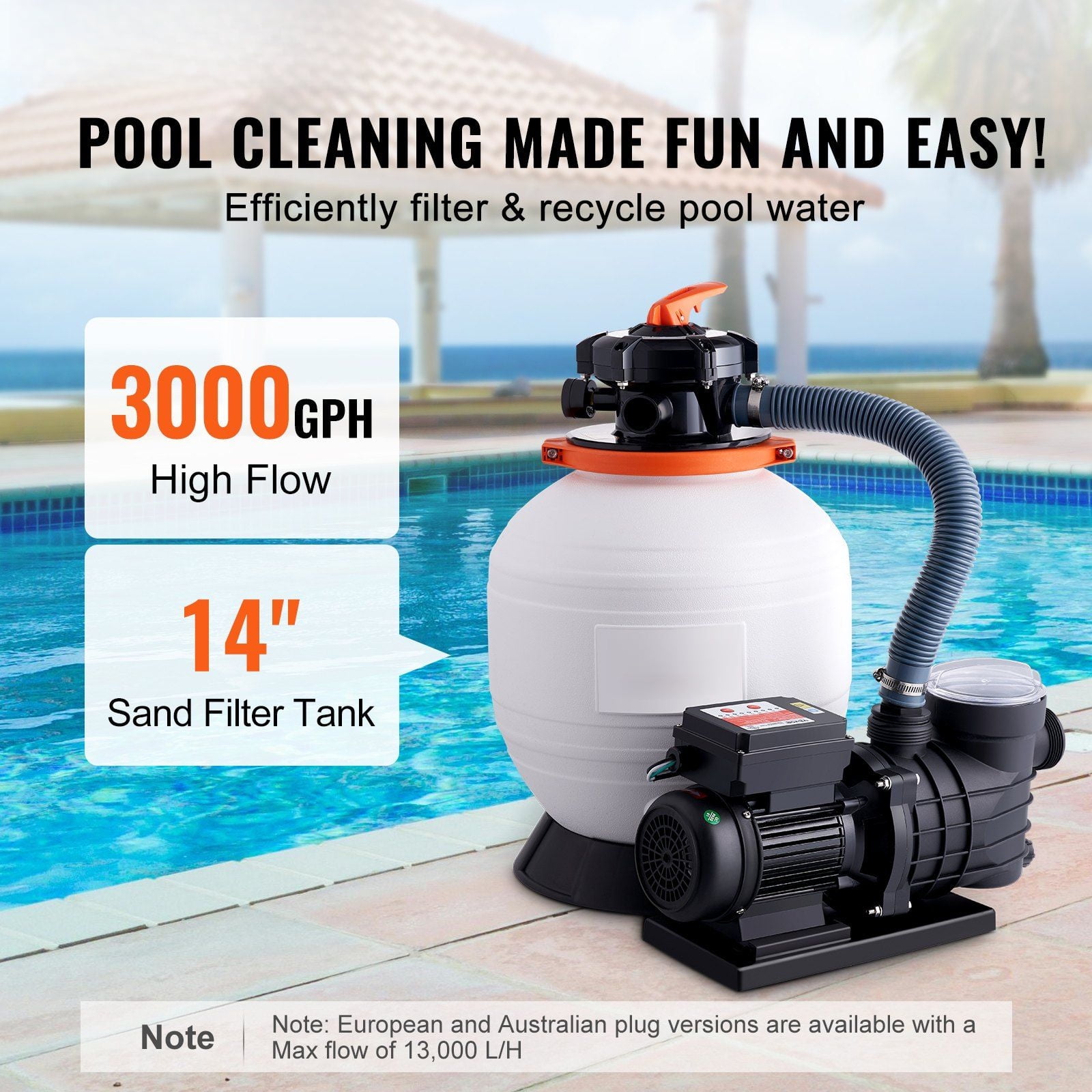 QRZJ Sand Filter Pump for Above Ground Pools, 14-inch, 3000 GPH, 3/4 HP ...
