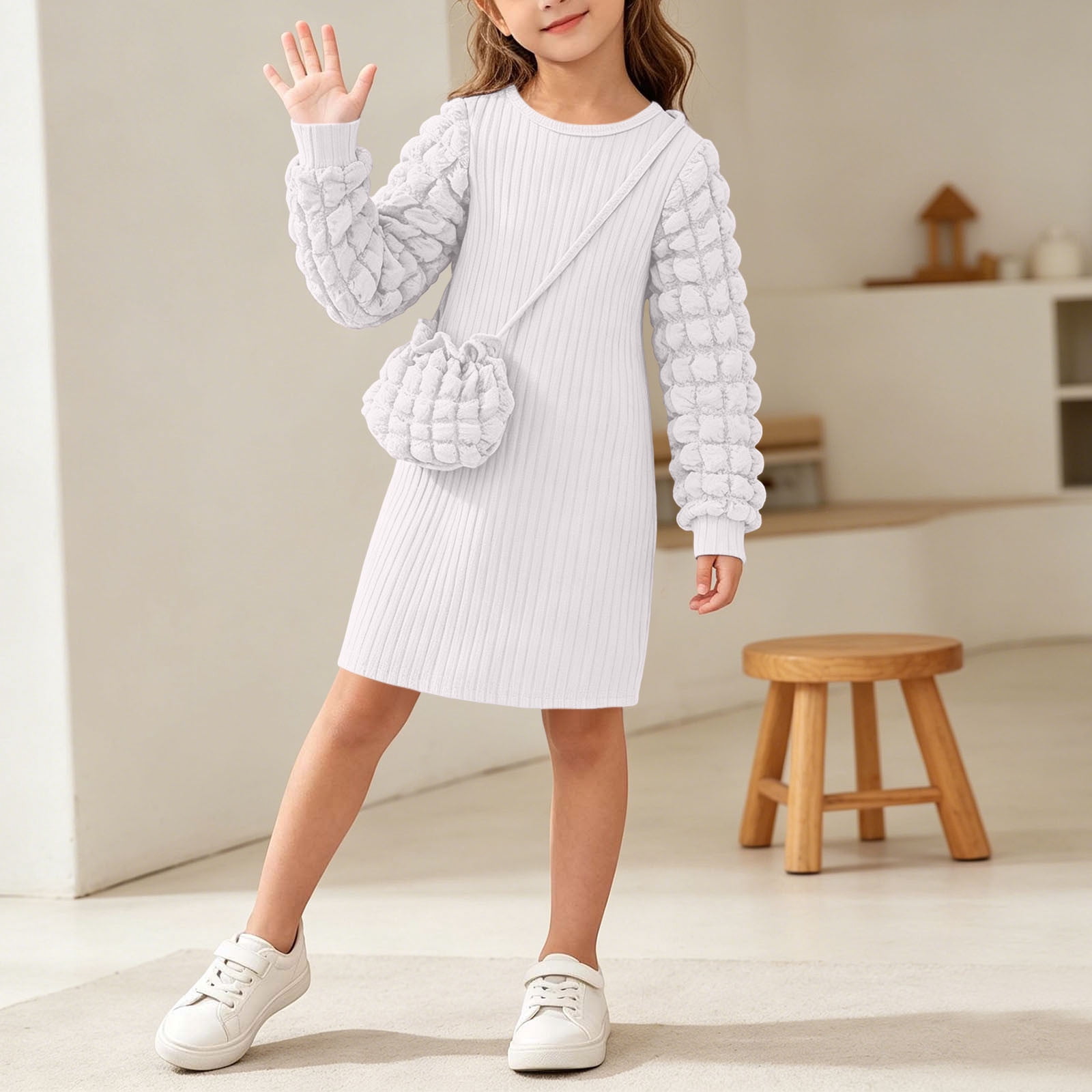 QSAWXQZ Girls 2PC Ribbed Texture Dress Bubble Puff Long Sleeve Crew ...