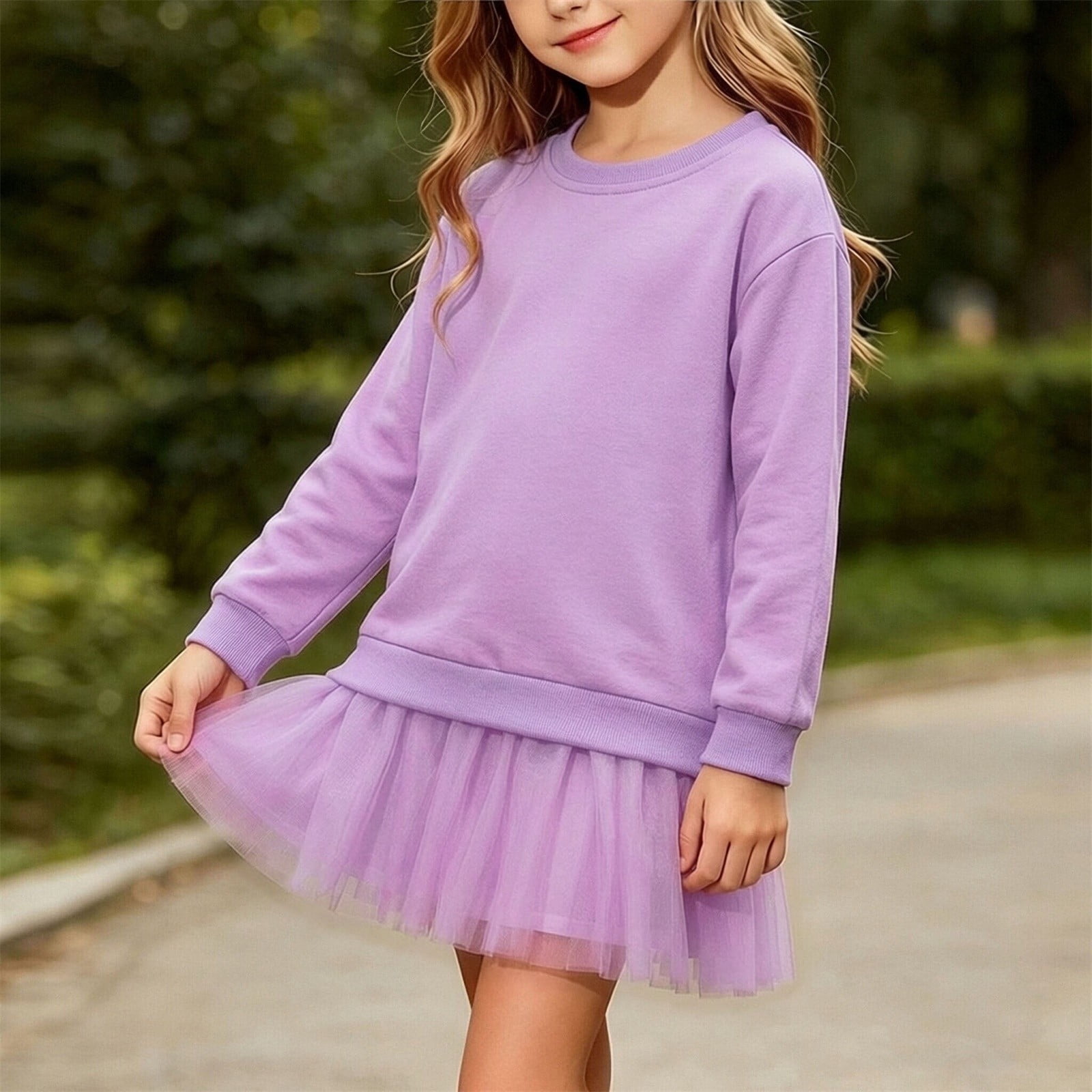 QSAWXQZ Girls Tulle Dress Long Sleeve Crew Neck Solid Sweatshirt Mini ...