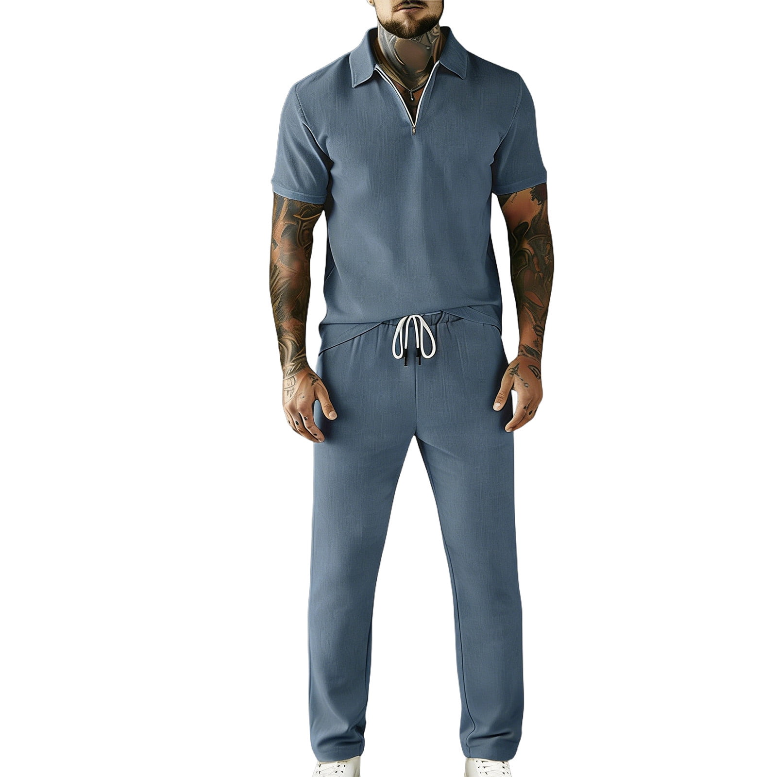 QSAWXQZ Men's 2 Piece Sweatsuit Set Short Sleeve Quarter Zip Lapel ...