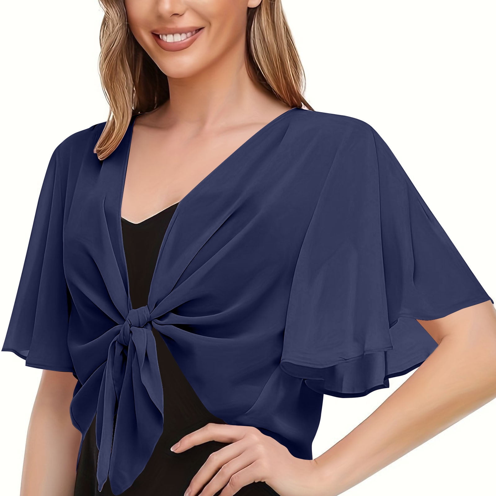 QSAWXQZ Women's Chiffon Tie Front Bolero Shrug Short Flared Sleeve ...