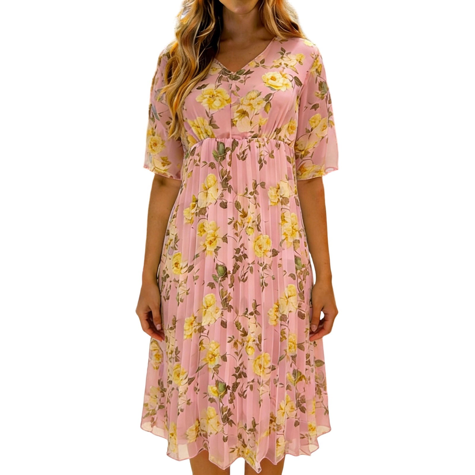 QSAWXQZ Women's Floral Print Pleated Dress V Neck Short Sleeve Empire ...