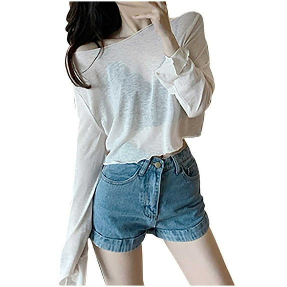 QSAWXQZ Women's Mesh Blouse Long Sleeve Boat Neck Off Shoulder Crop Top ...