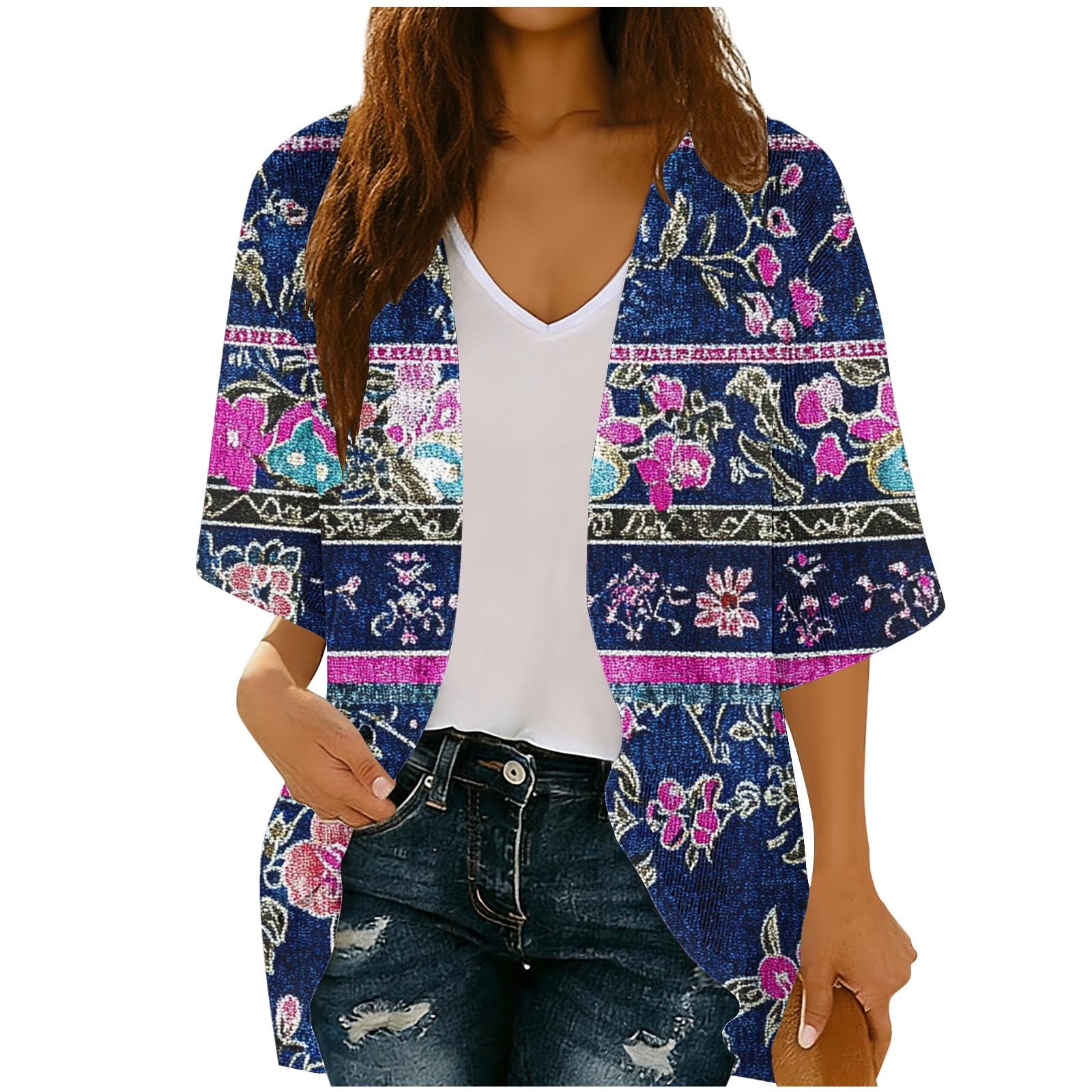 QSAWXQZ Women's Open Front Cardigan 3/4 Sleeve Loose Casual Beach Cover ...