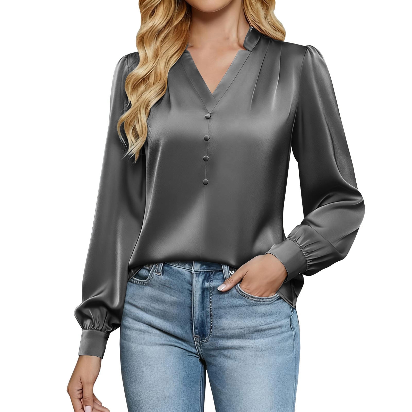 QSAWXQZ Women's Satin V-Neck Blouse Long Puff Sleeve Solid Pullover ...