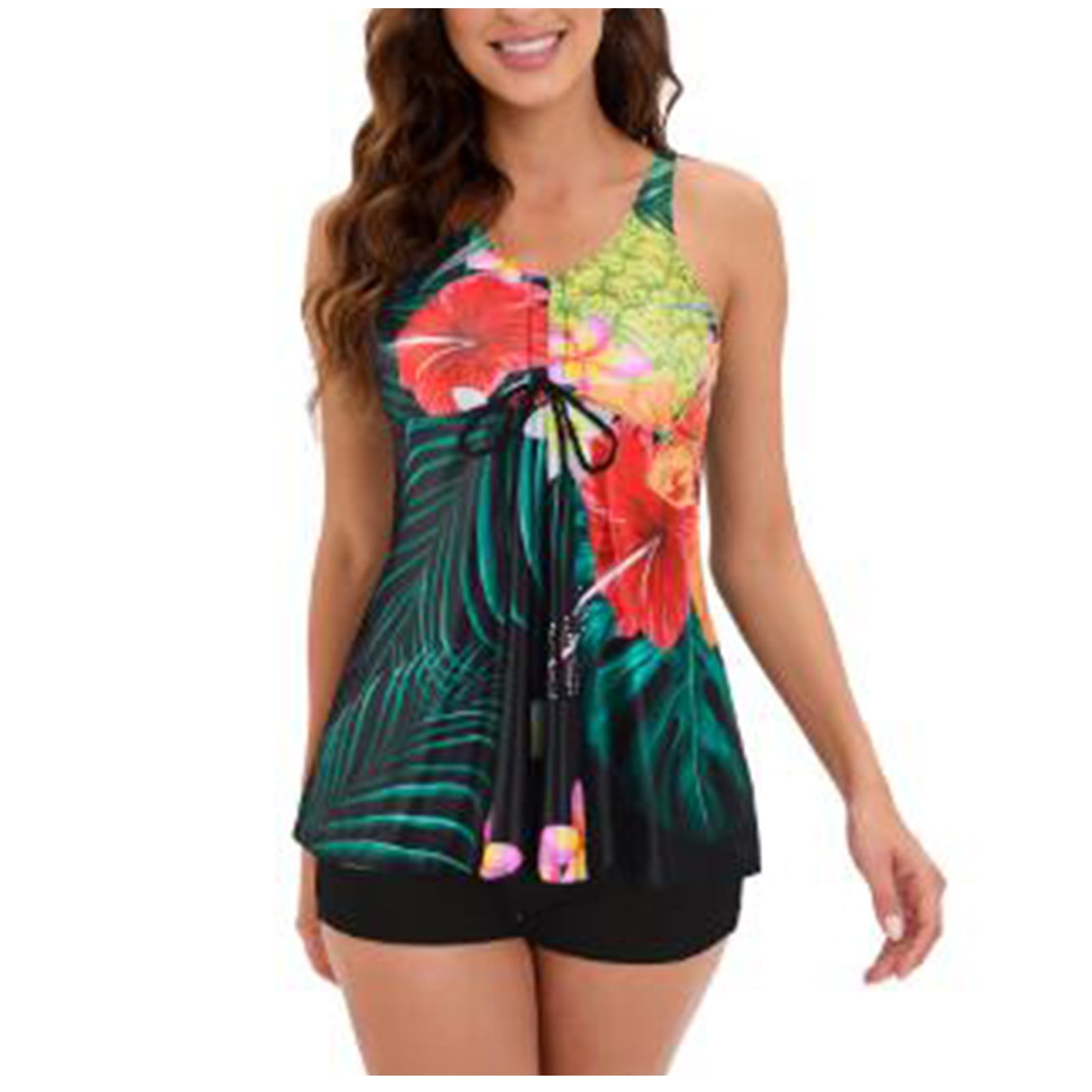 QSAWXQZ Women's Swimsuit Set 2-piece Floral Graphic Tie Front Crewneck ...