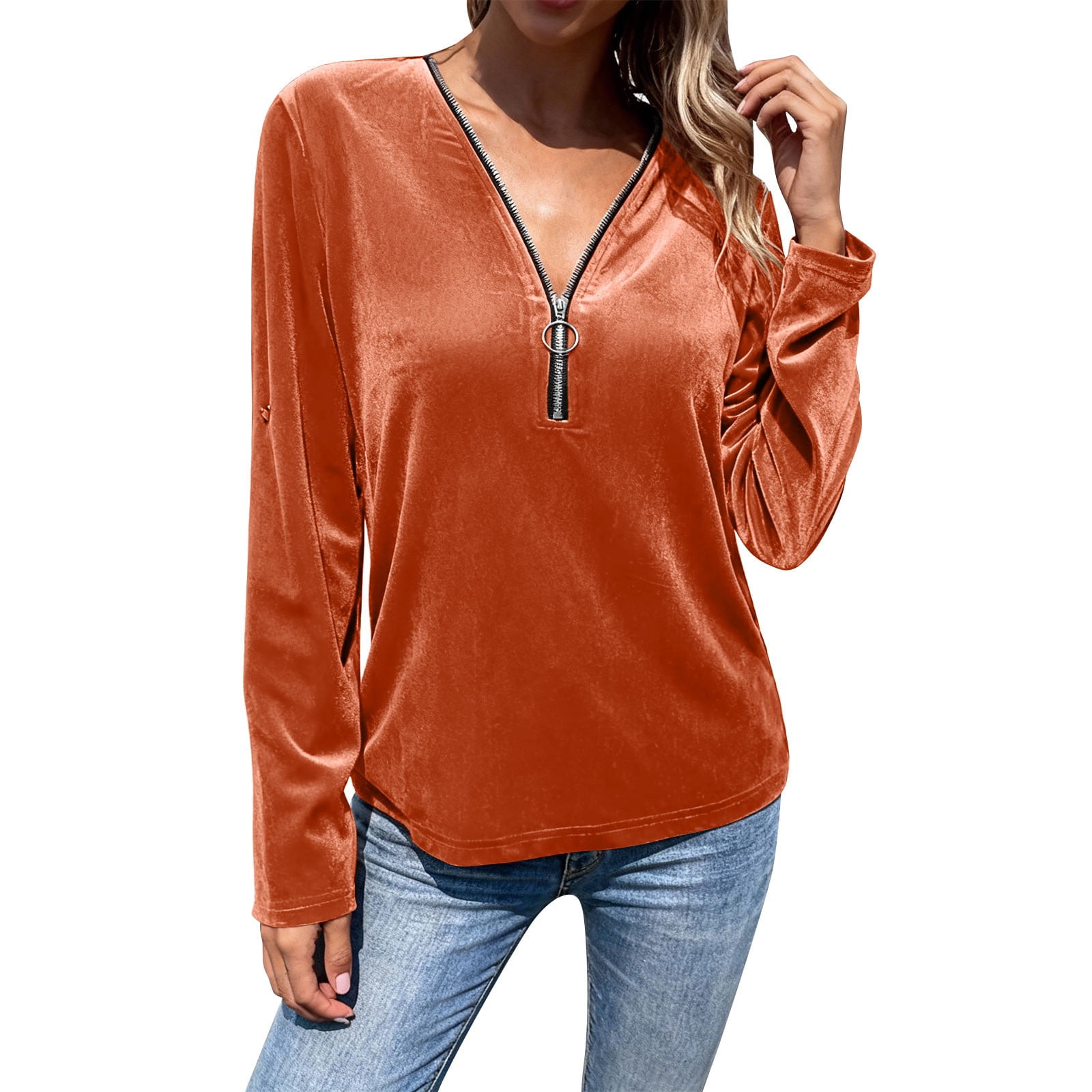QSAWXQZ Women's Velvet Blouse Long Sleeve Quarter Zip V Neck Solid ...
