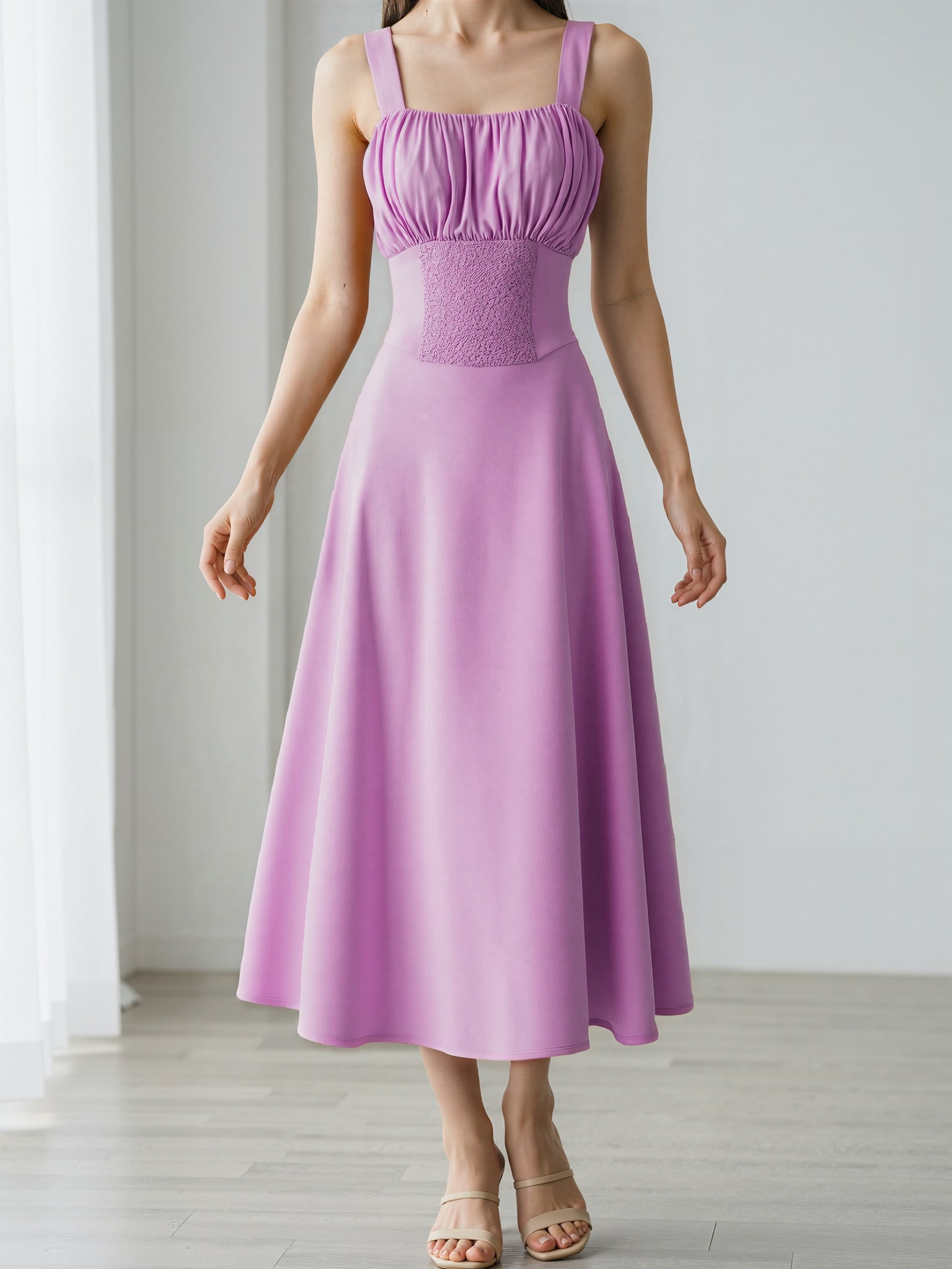 QSAWXQZ Women's Vintage Square Neck Sleeveless A-Line Midi Dress Ruched ...