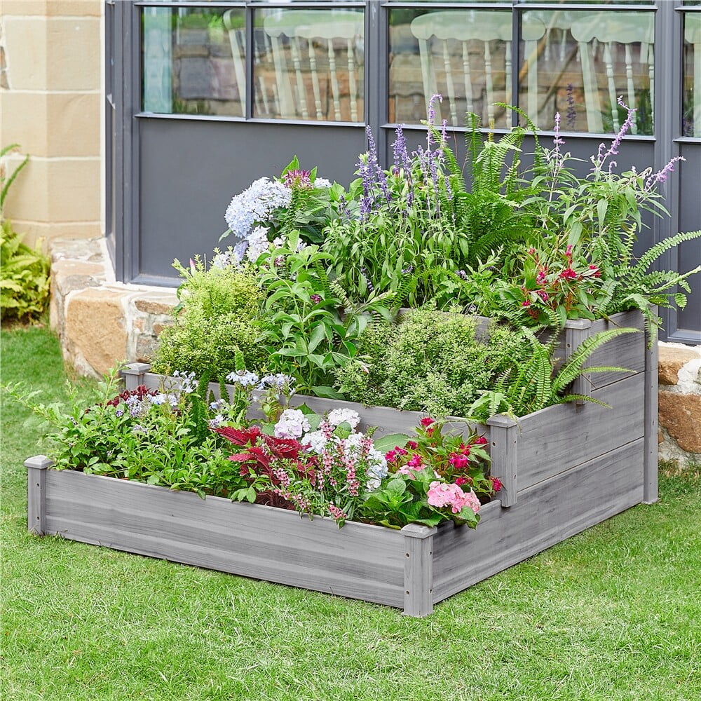 QSHIMY 47.2'' Elevated 3 Tier Wooden Garden Raised Bed Vegetable Herb ...
