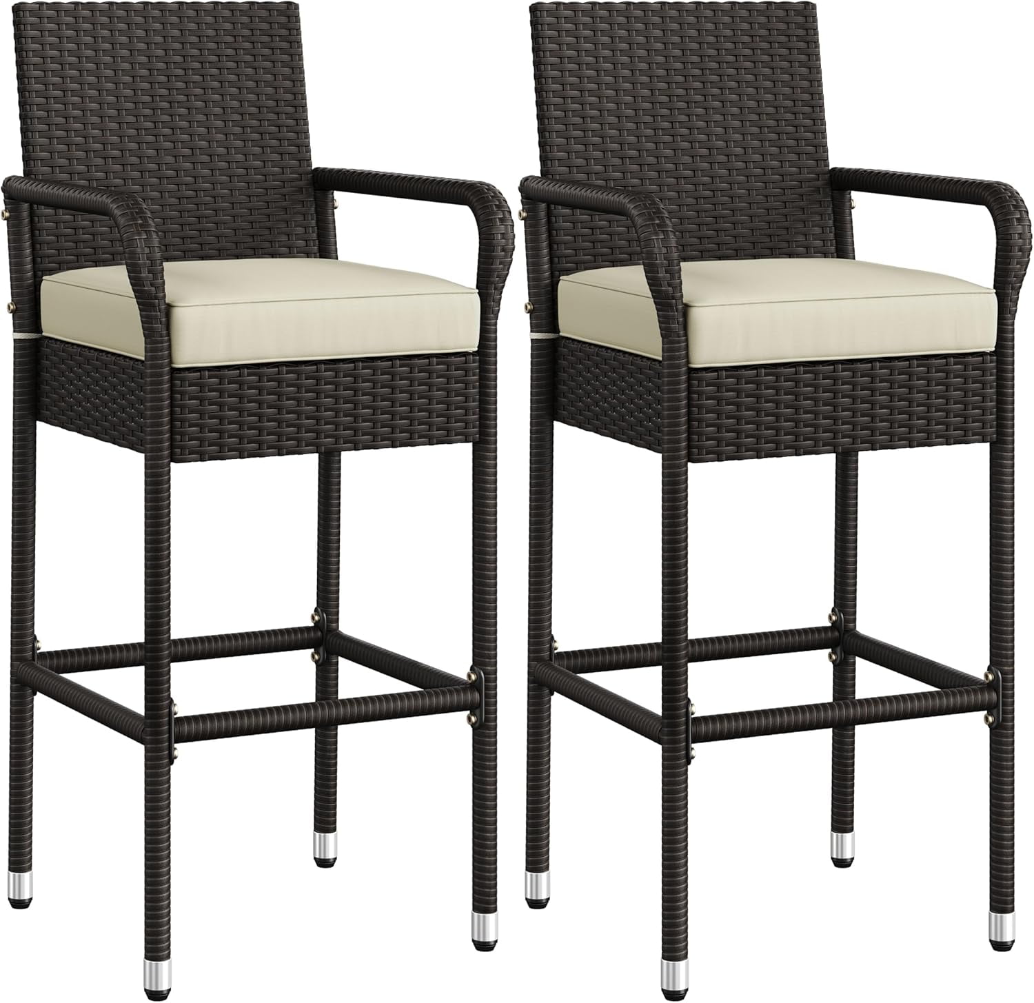 QSHIMY Outdoor Bar Stools Set of 2, Patio Wicker Chairs with Armrests ...