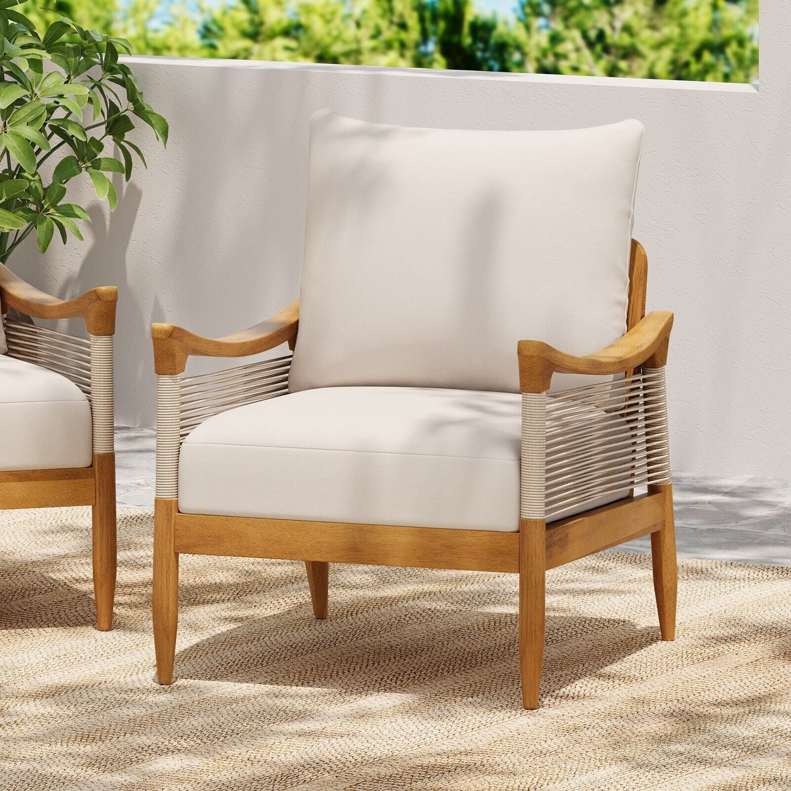 QSHIMY Outdoor Patio Acacia Wood Club Chair Woven Rope Arm Chair with ...