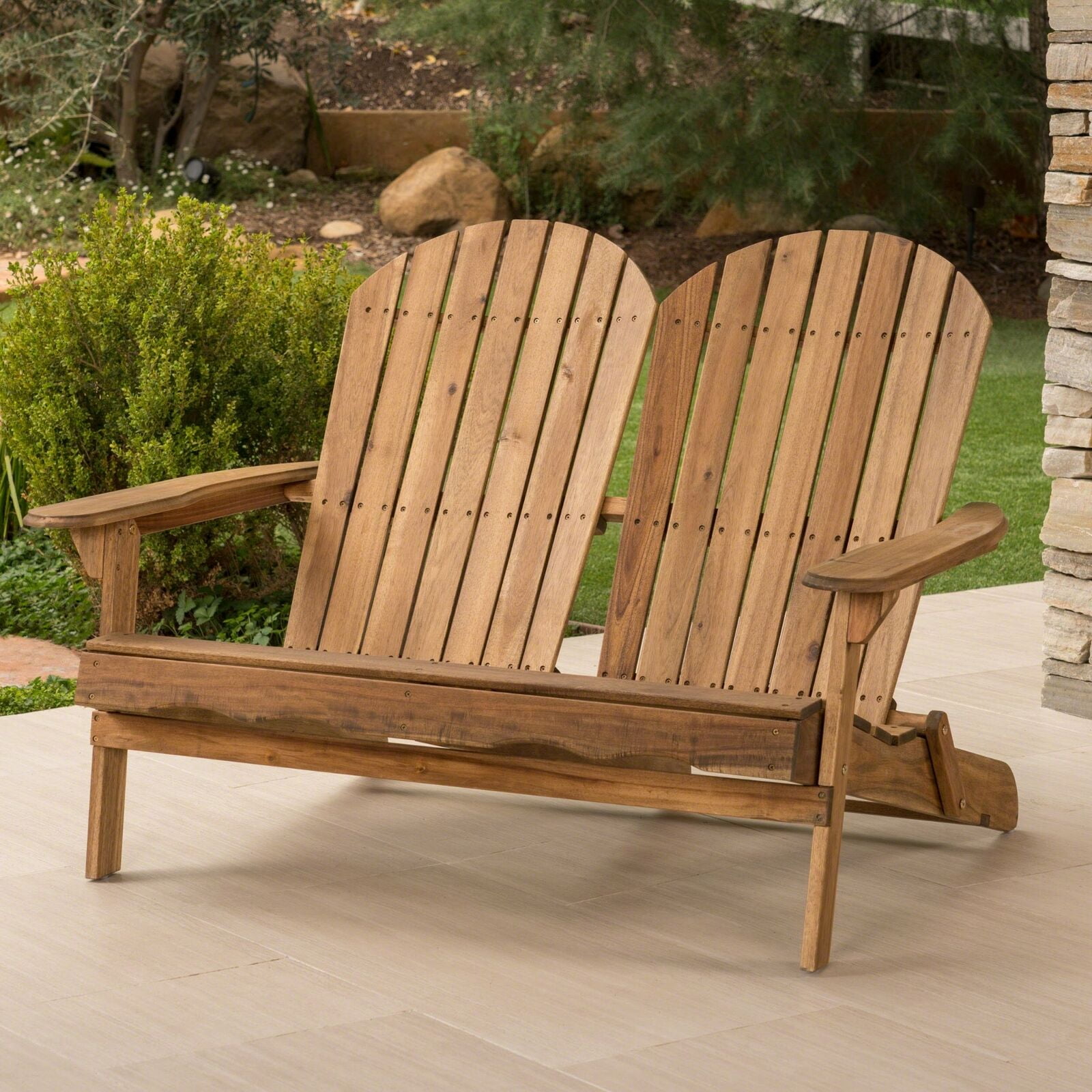 QSHIMY Outdoor Rustic Slatted Acacia Wood Adirondack Loveseat,Outdoor ...