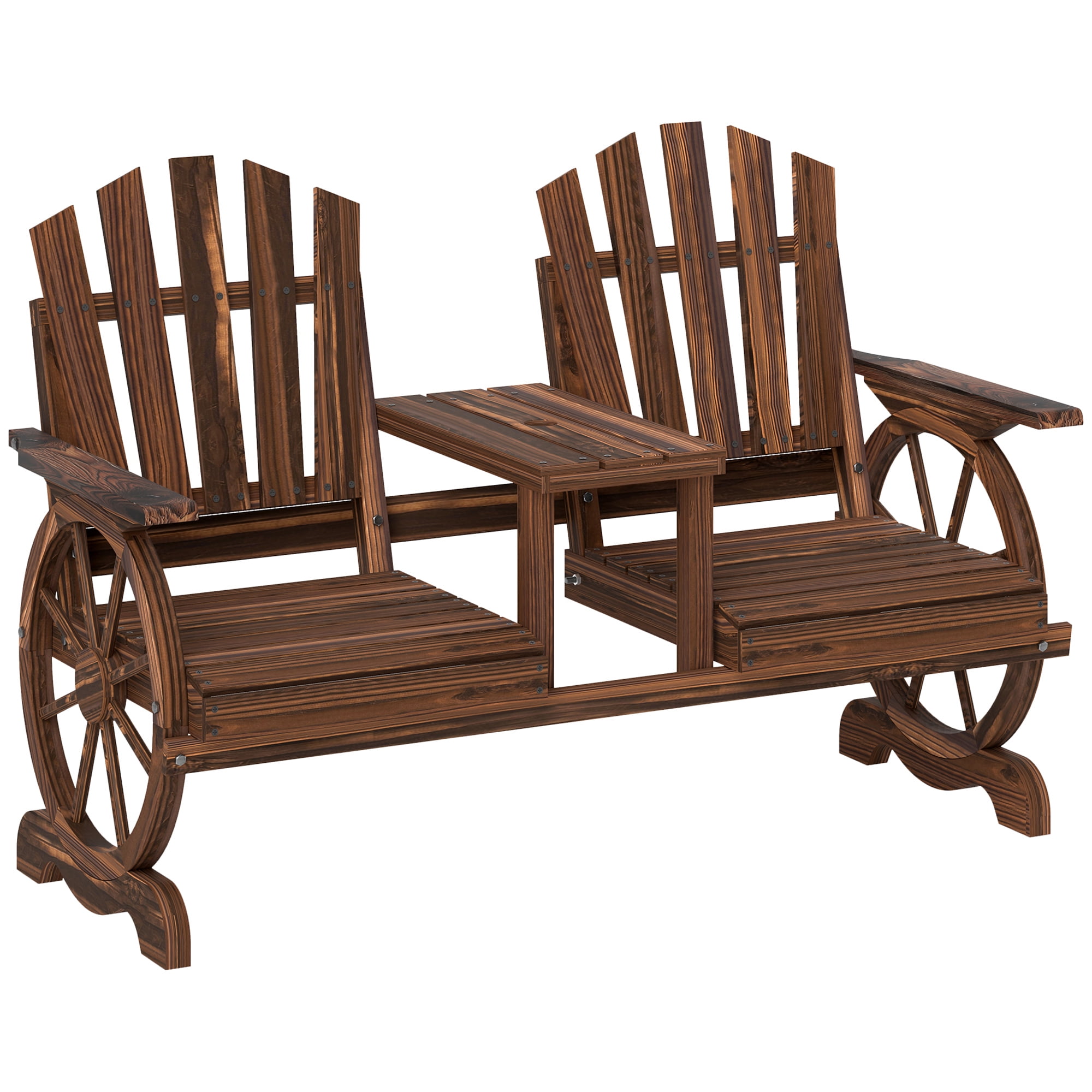 QSHIMY Wooden Garden Bench with Table, Umbrella Hole, 2-Seat Wagon ...