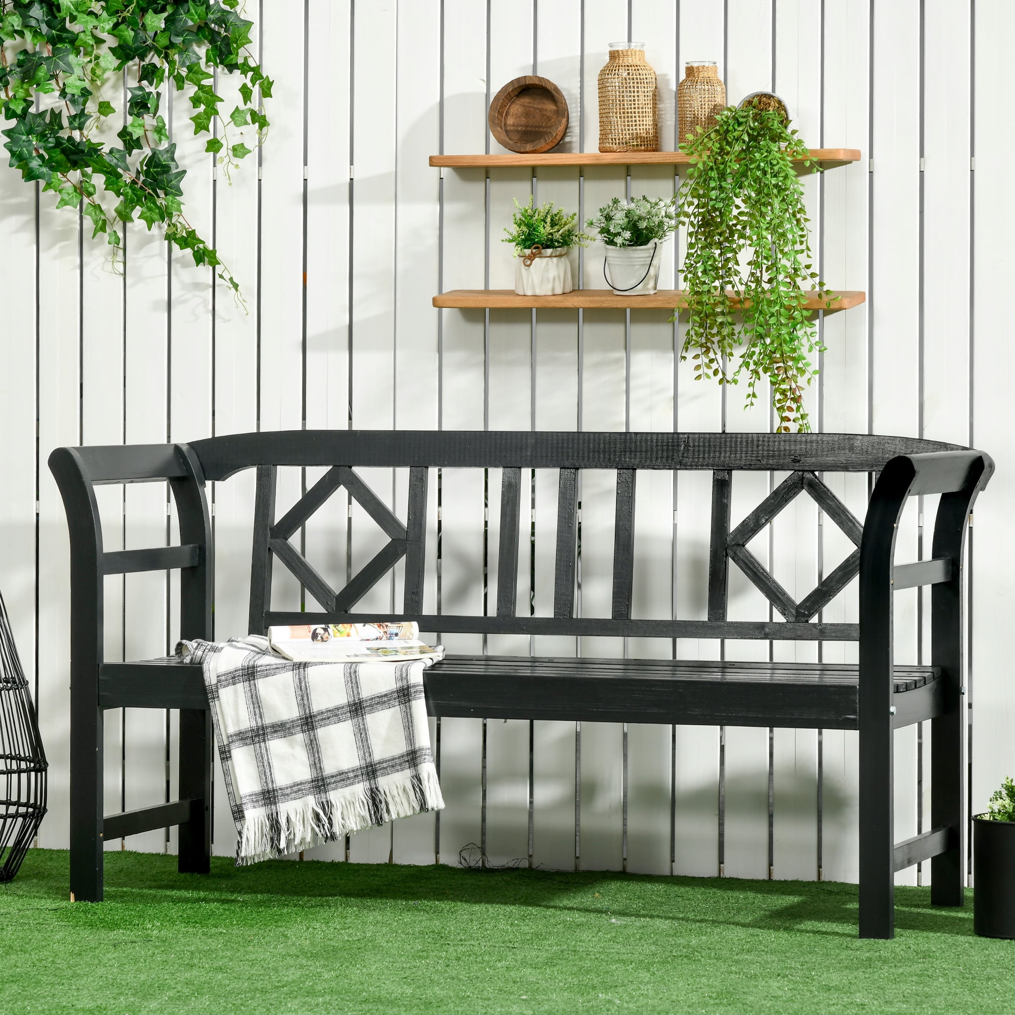 QSHIMY Wooden Patio Bench, Outdoor Garden Bench with Backrest and ...