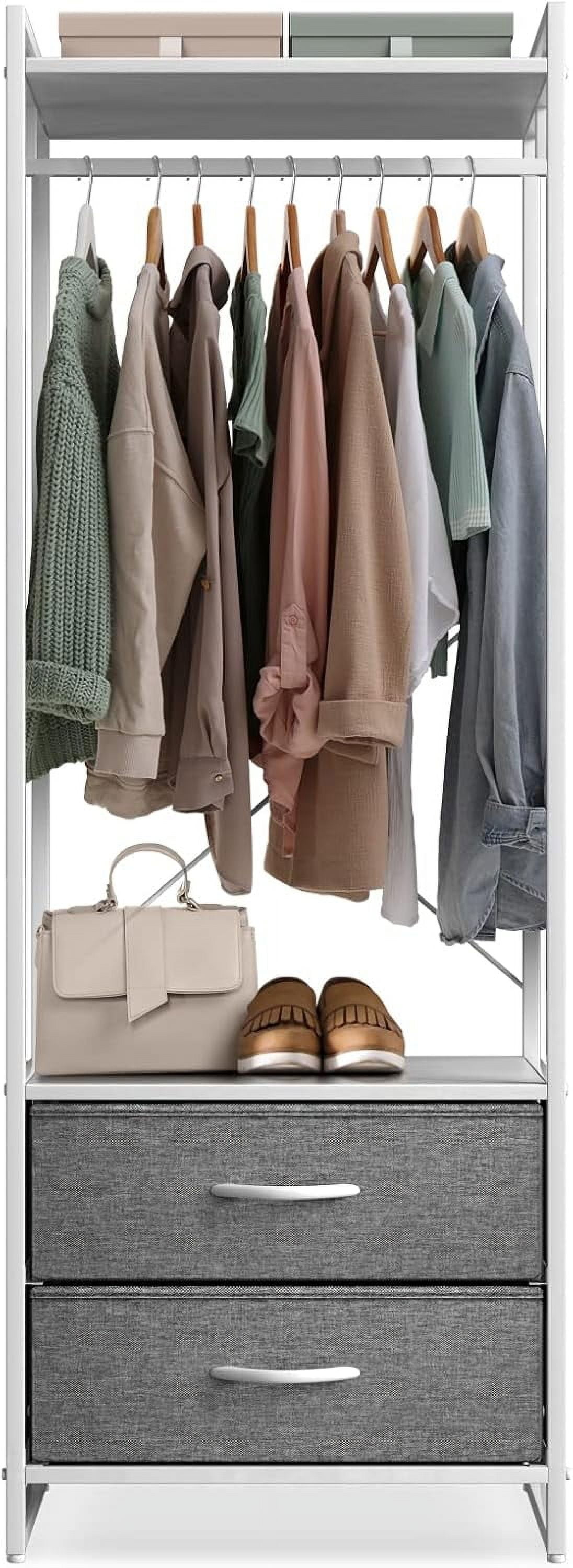 QSJIAY Clothing Rack with Drawers - Clothes Stand Dresser - Wood Top ...