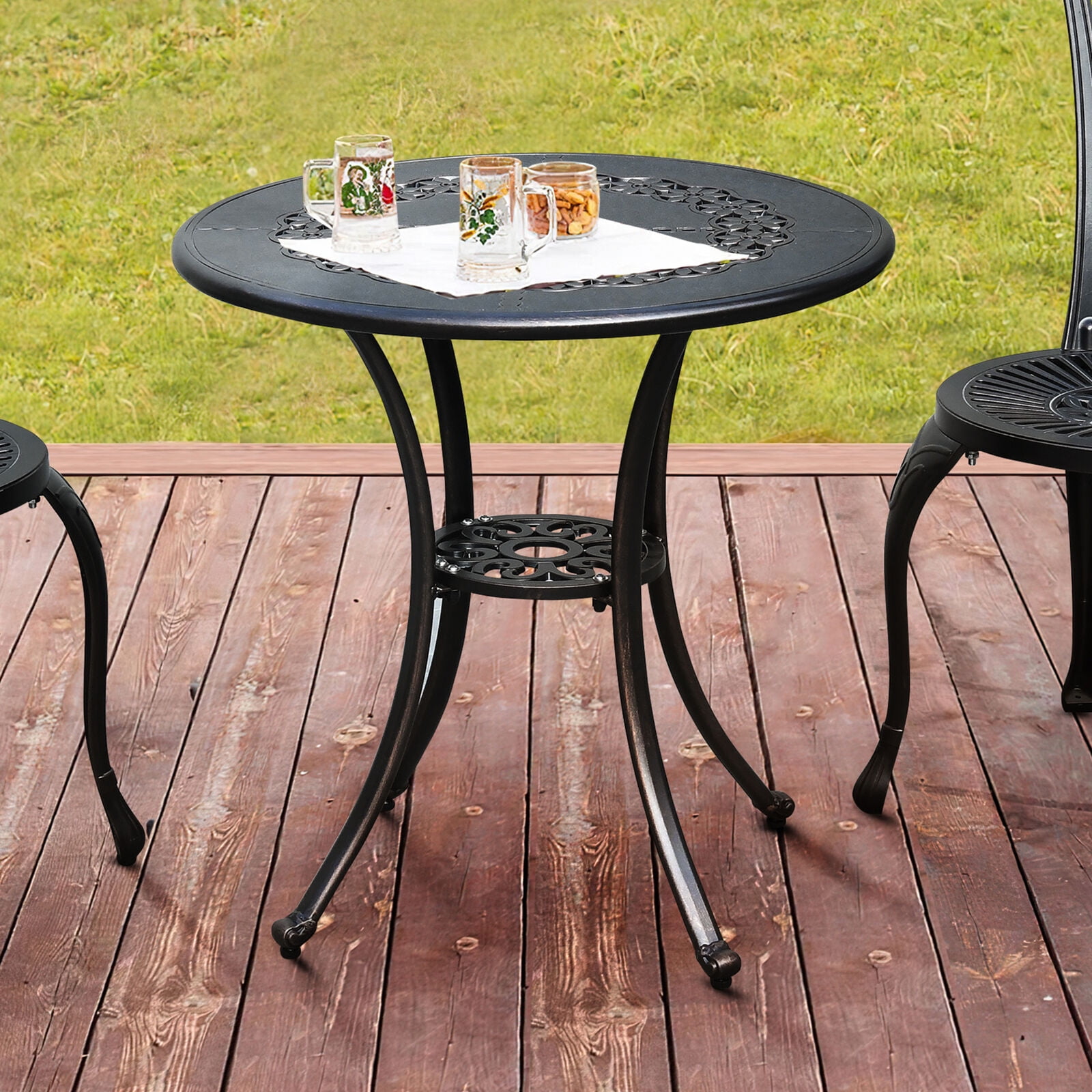 QSJIAYI 25 Inches Round Patio Dining Table with Umbrella Hole, Antique ...