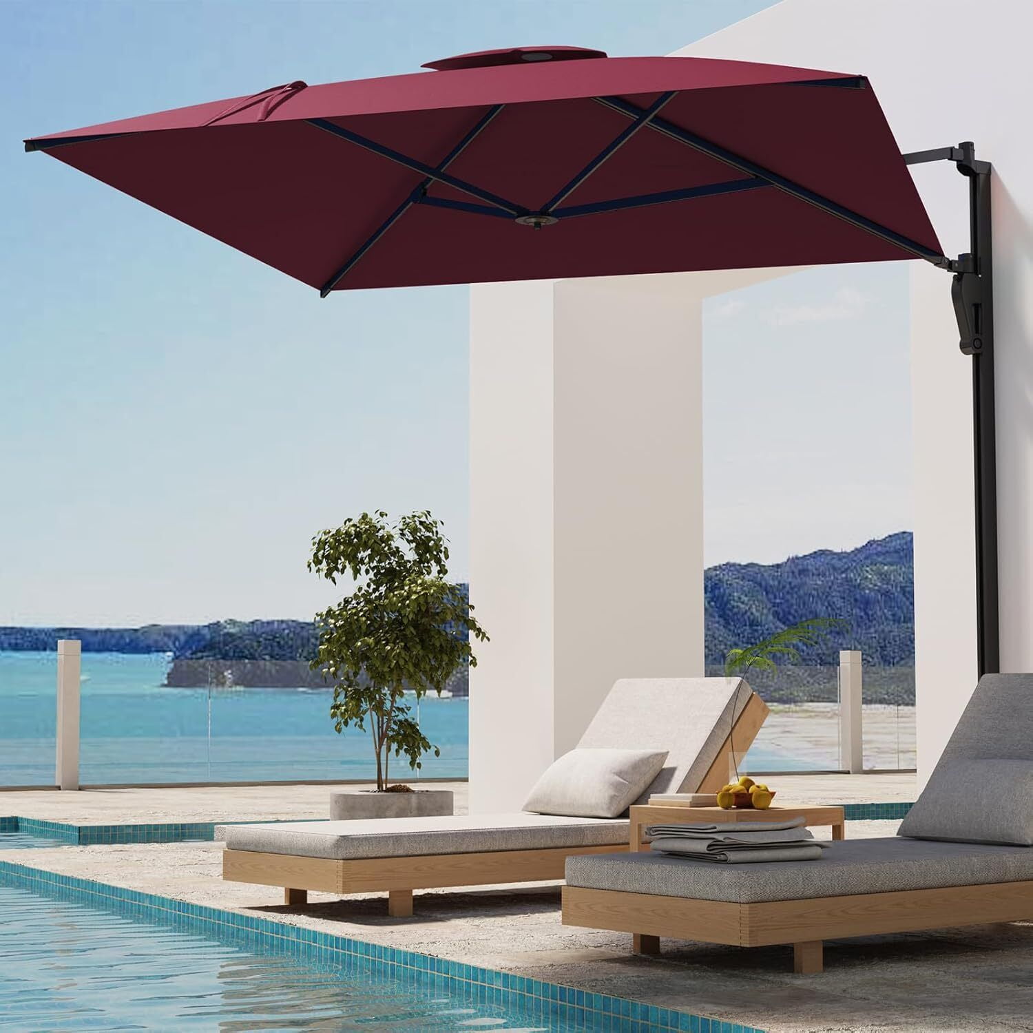 QSJIAYI 9ft Cantilever Patio Umbrella, Rectangular Wall Mounted ...