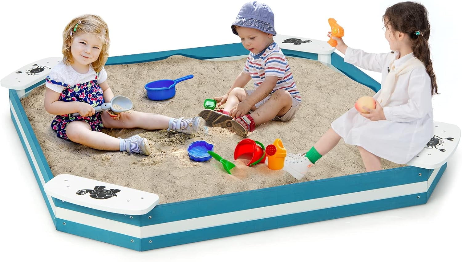 QSJIAYI Kids Sandbox, Cedar Bottomless Sand Pit for Backyard Deck Patio Lawn, 4 Corner Seats ...