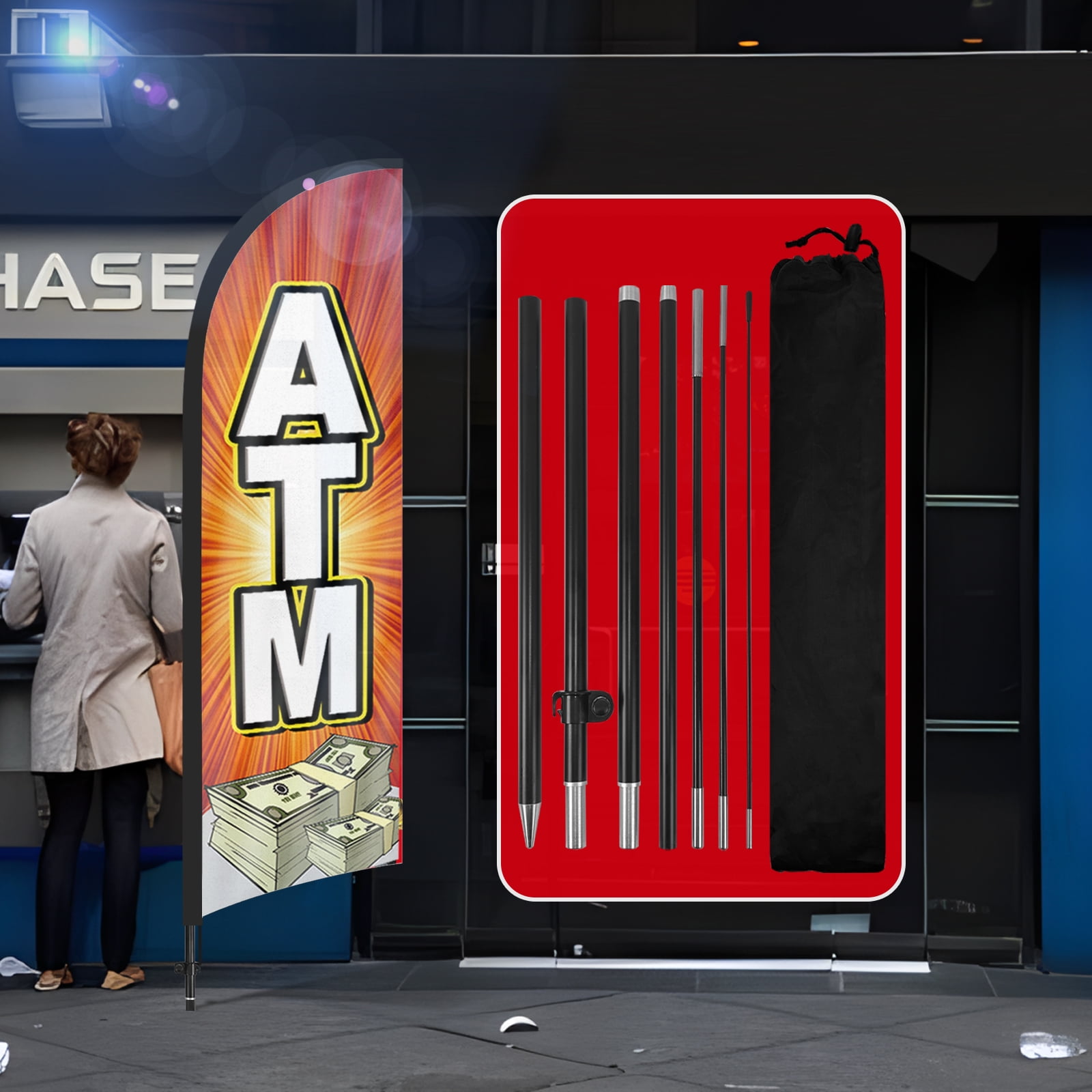 QSUM ATM Themed Feather Flag,8.2FT ATM Advertising Swooper Flag, Vivid ...