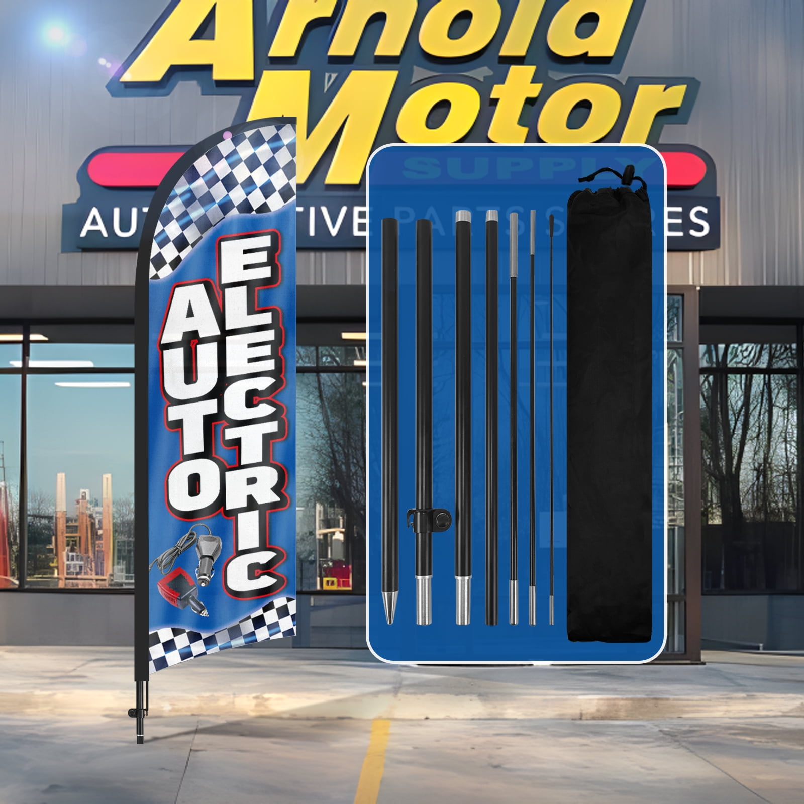 QSUM Auto Electric Feather Flag with Flag Pole Kit and Ground Spike, 8.2FT Auto Electric ...