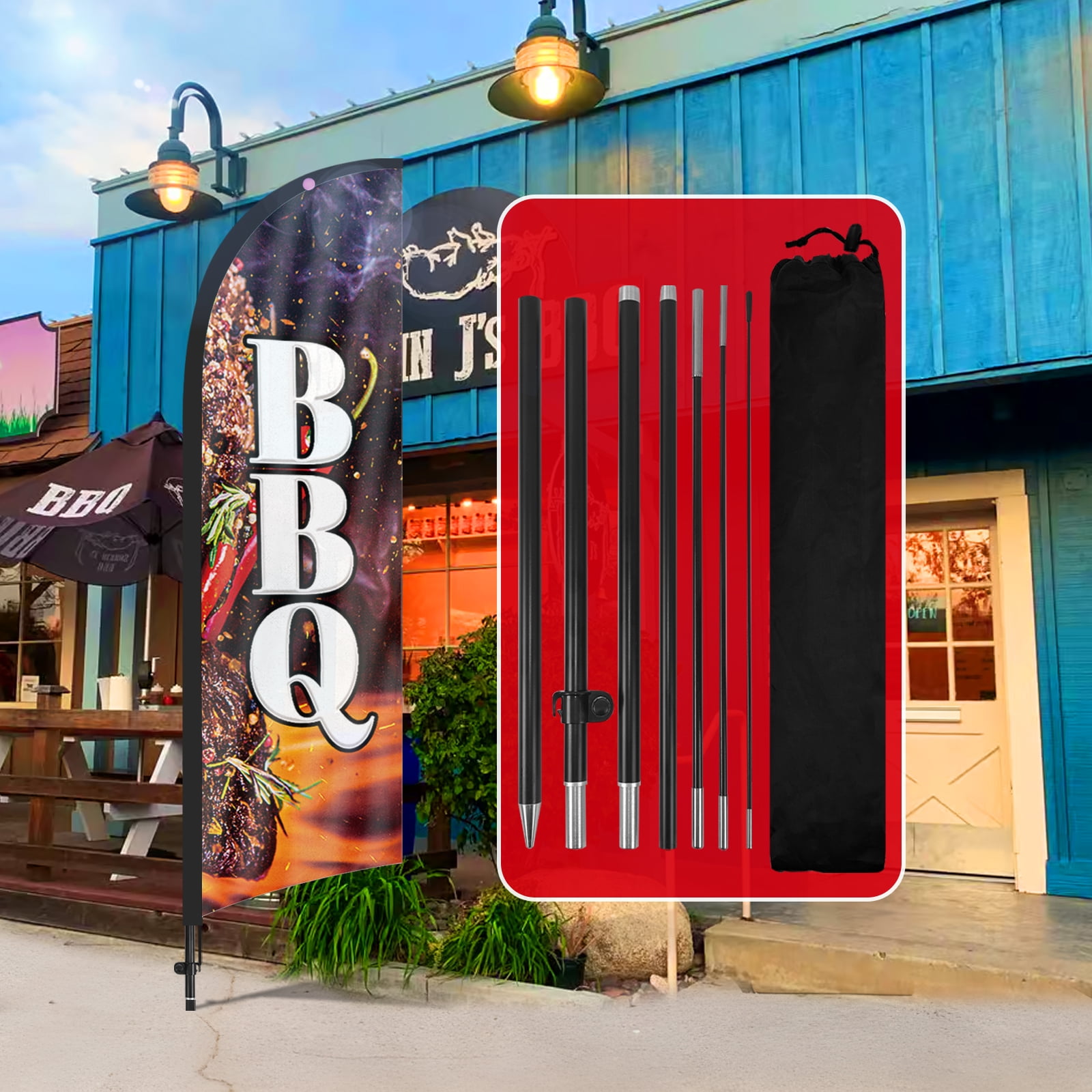 QSUM BBQ Themed Feather Flag, 8.2FT BBQ Restaurant Advertising Swooper ...