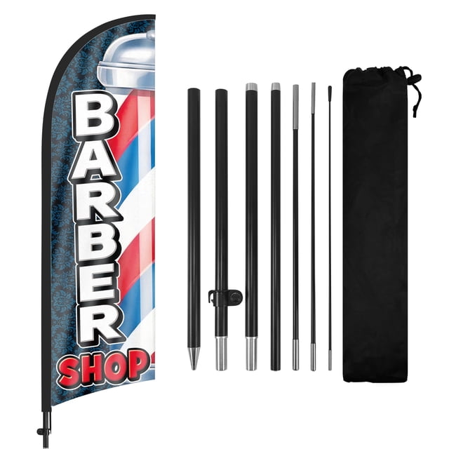 QSUM Barber shop Feather Flag with Pole Kit,8.2FT Barber shop Banner ...