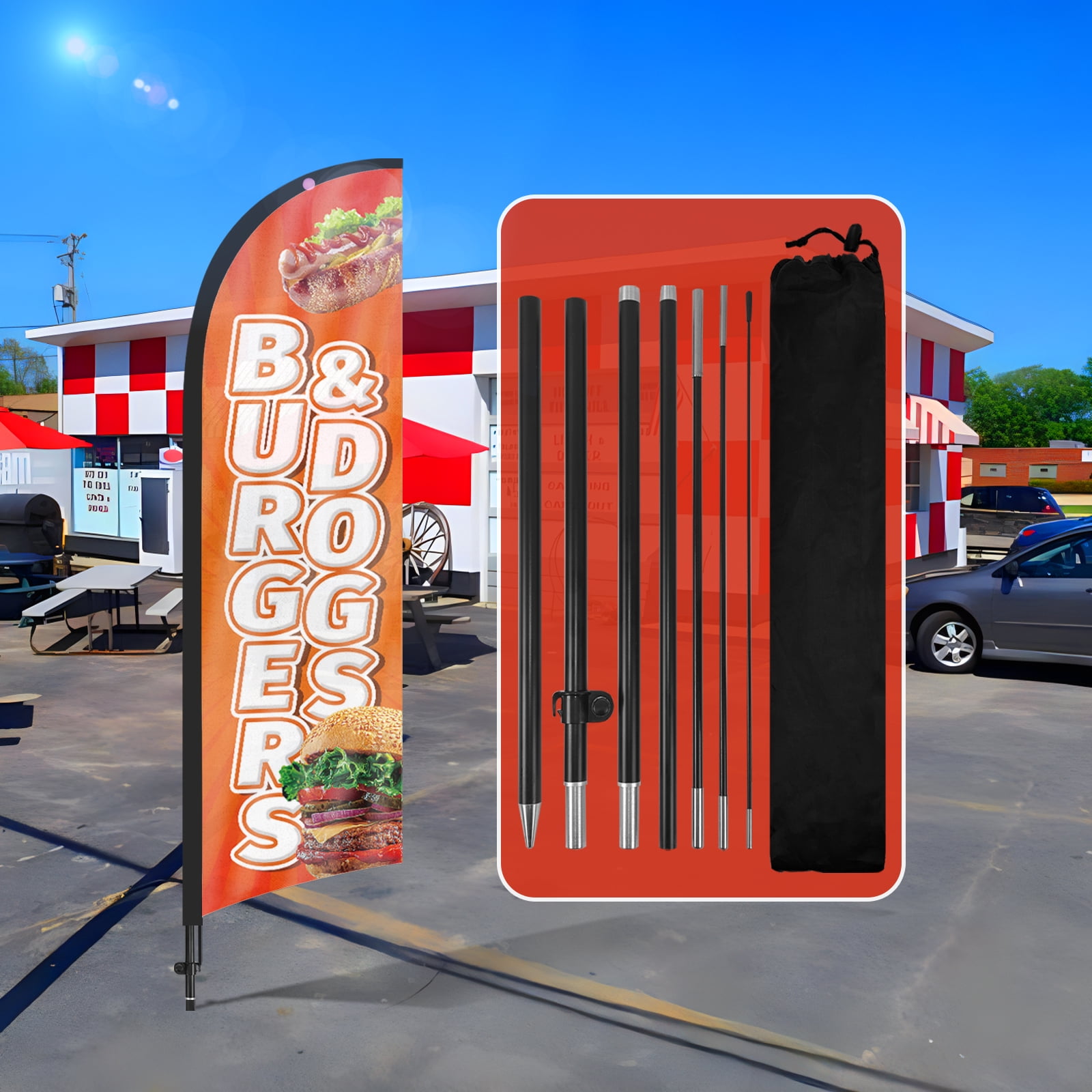 QSUM 8.2FT Burger And Hot Dogs Windless Feather Flag with Pole Kit and ...