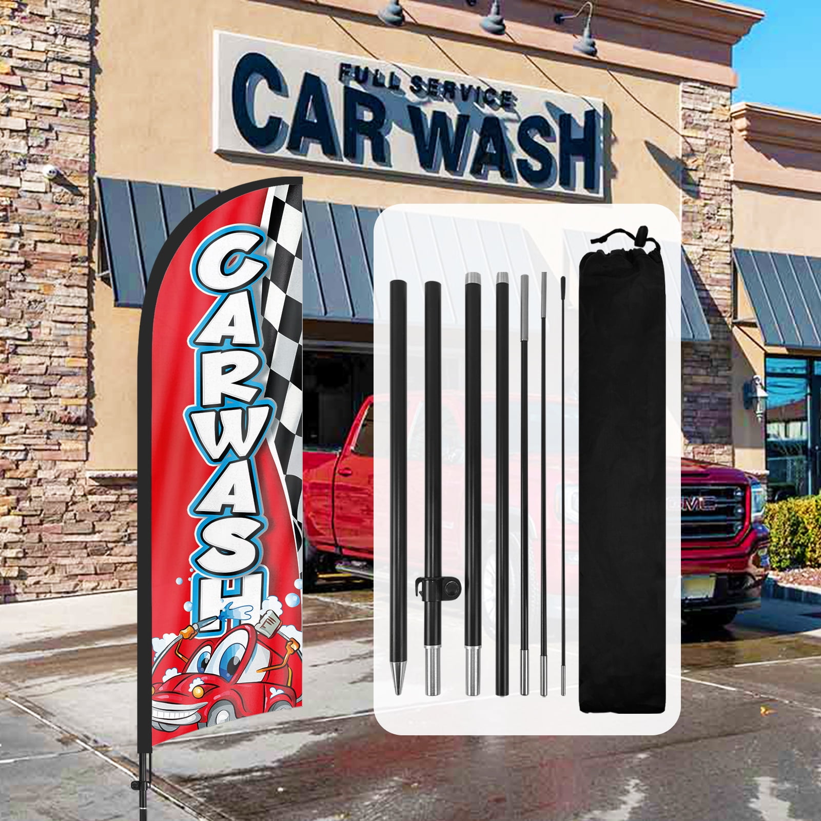 QSUM 8.2FT Car Wash Feather Flag, Swooper Flag with Pole Kit, Business ...
