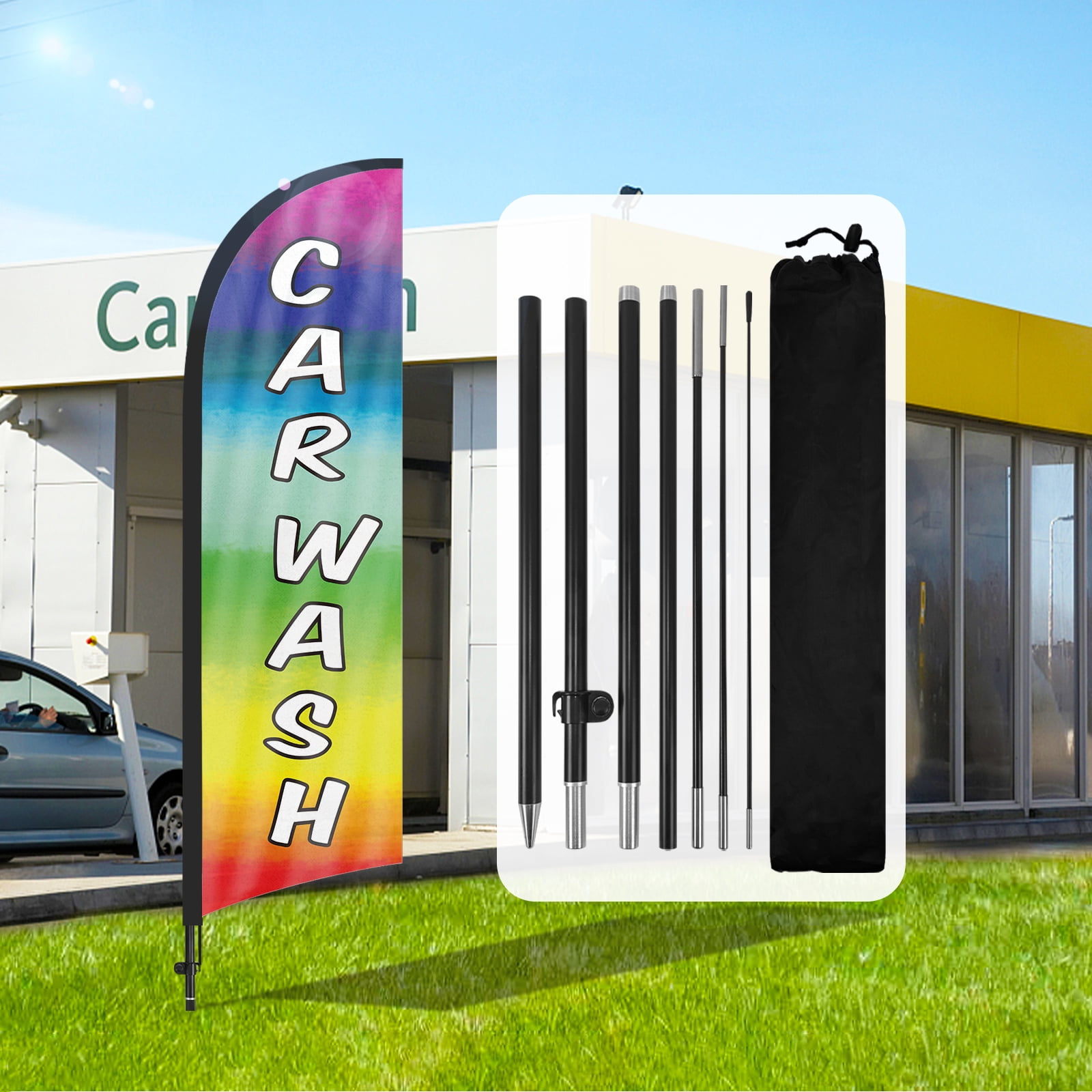 QSUM Car Wash Feather Flag with Flag Pole Kit and Ground Spike, 8.2FT Car Wash Windless Flag ...