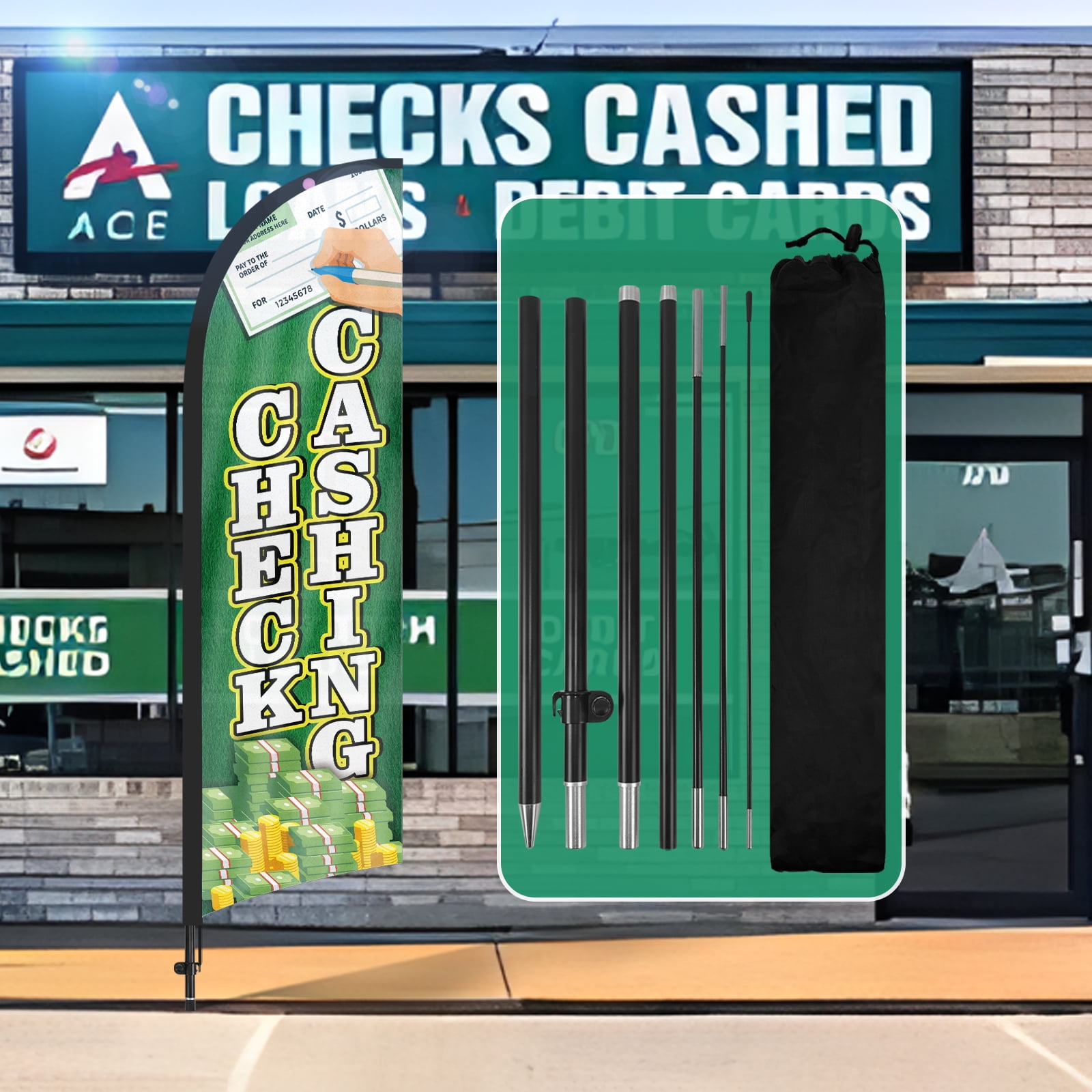 QSUM Check Cashing Feather Flag with Flag Pole Kit and Ground Spike, 8 ...