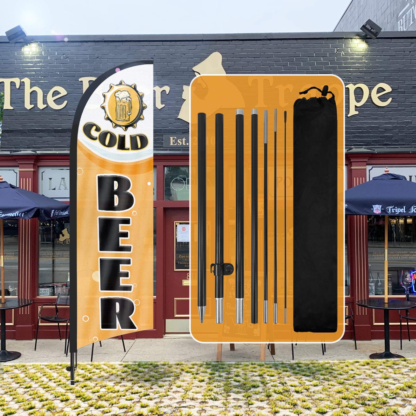 QSUM Cold Beer Sign Feather Flag with Pole Kit,8.2FT Cold Beer Decoration Display, Cold Beer ...