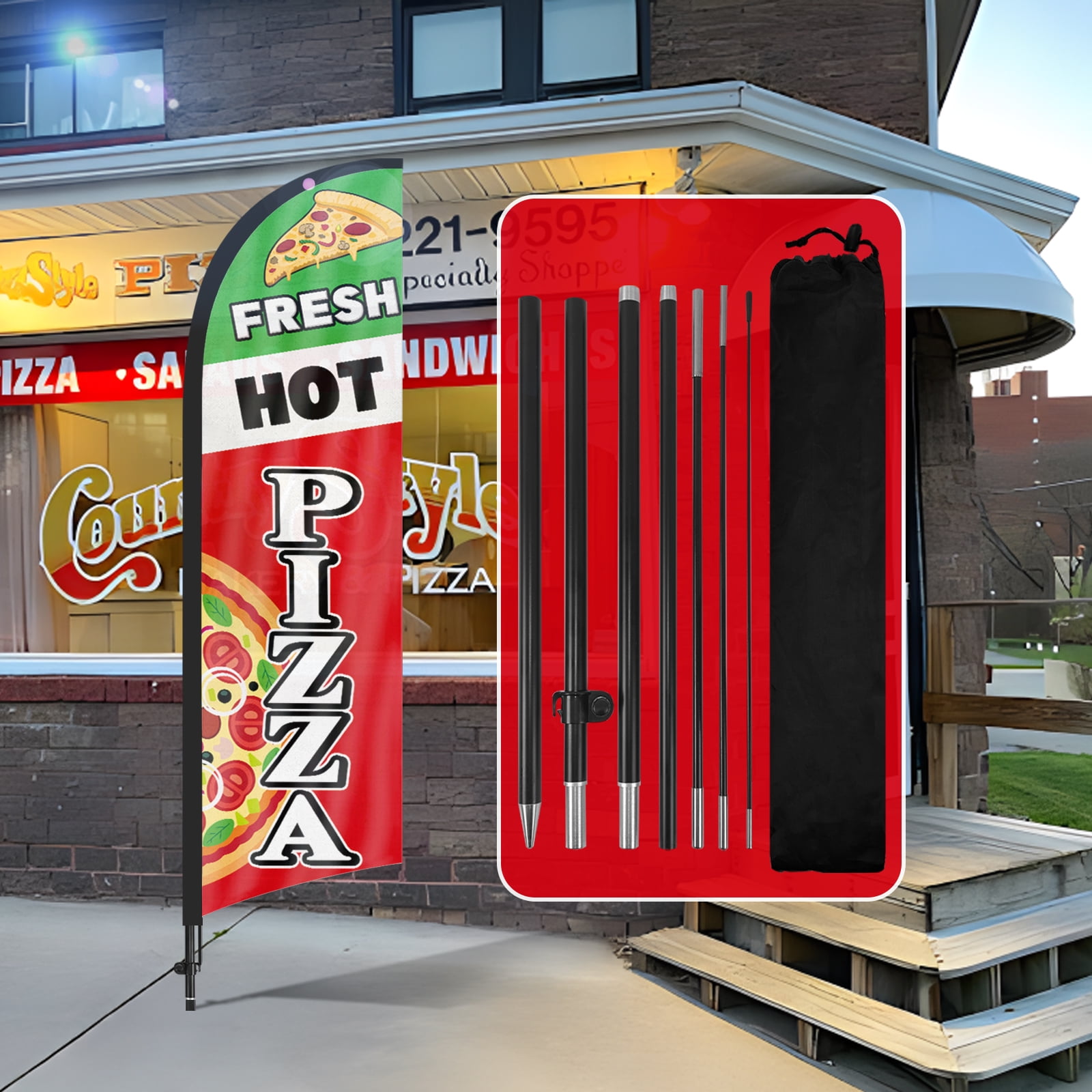 QSUM Fresh Hot Pizza Sign Feather Flag with Pole Kit,7FT Fresh Hot ...
