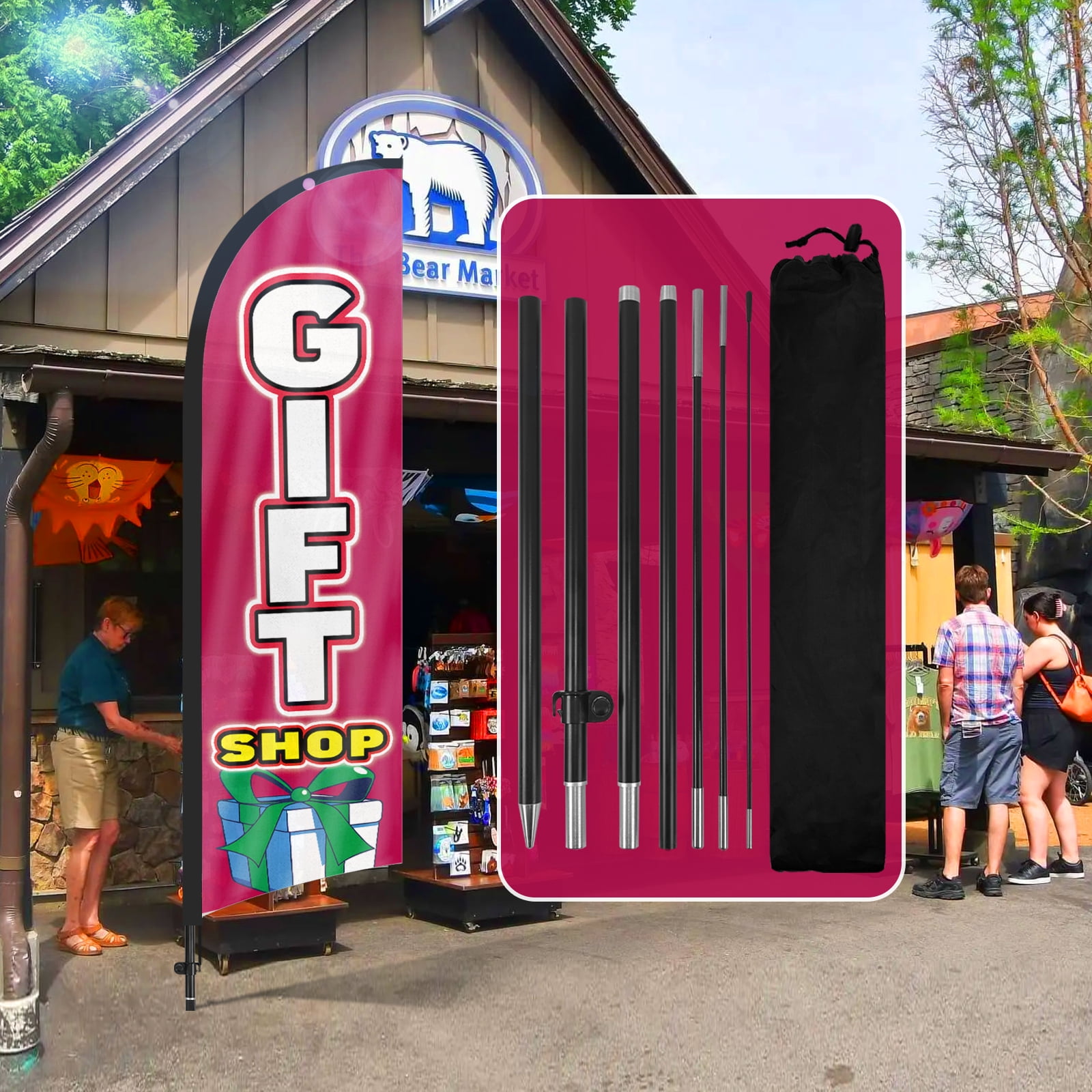 QSUM 8.2FT Gift Shop Feather Flag with Stand, Flag Pole Kit, Ground ...