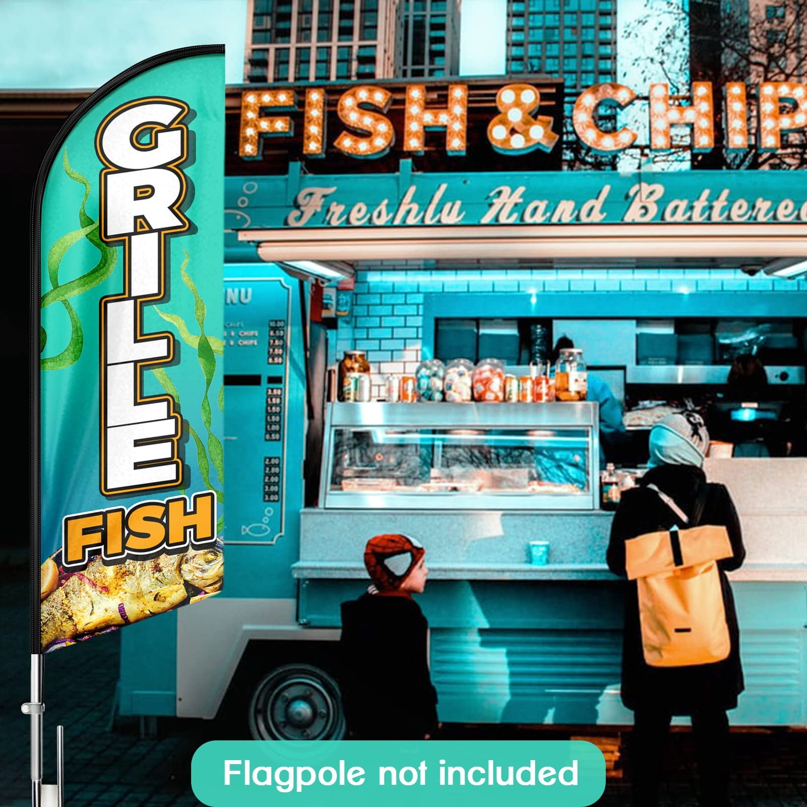 QSUM Grilled Fish Sign Feather Flag,8FT Grilled Fish Decoration Display ...