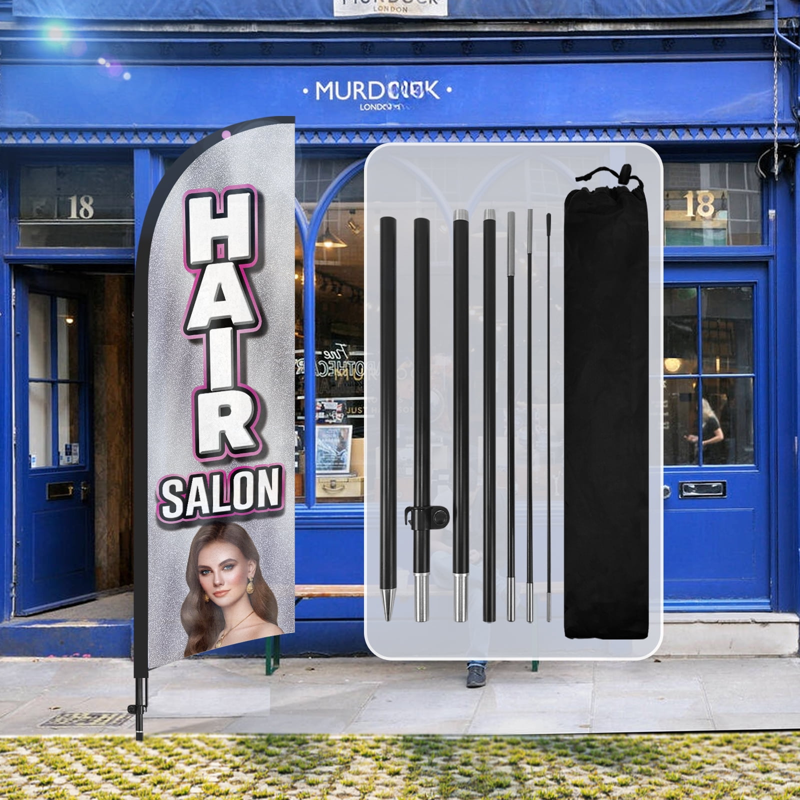 QSUM 7FT Barber Hair Salon Advertising Flag Kit with Pole, Feather Sign ...