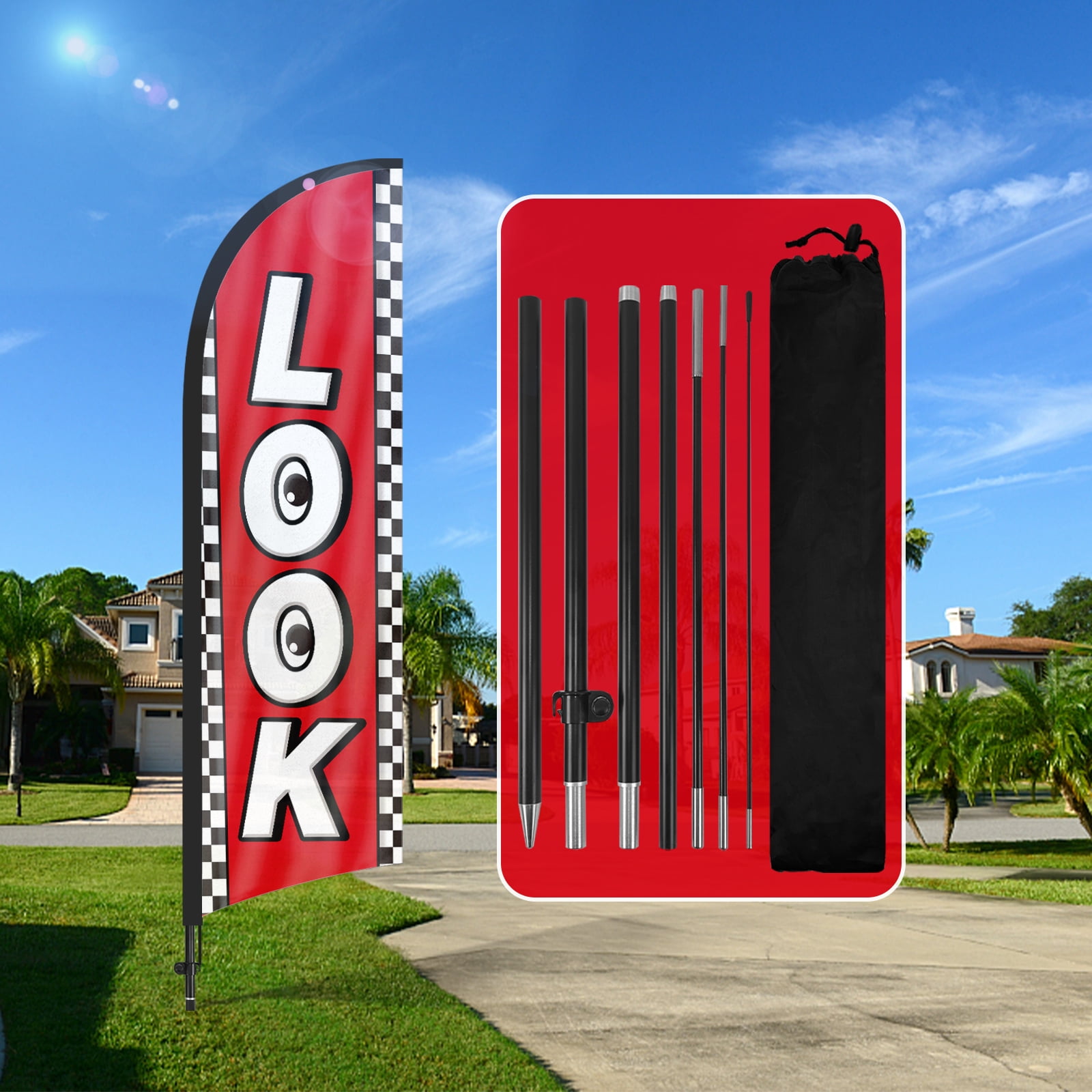 QSUM Look Sign Feather Flag with Pole Kit,7FT Look Decoration Display ...