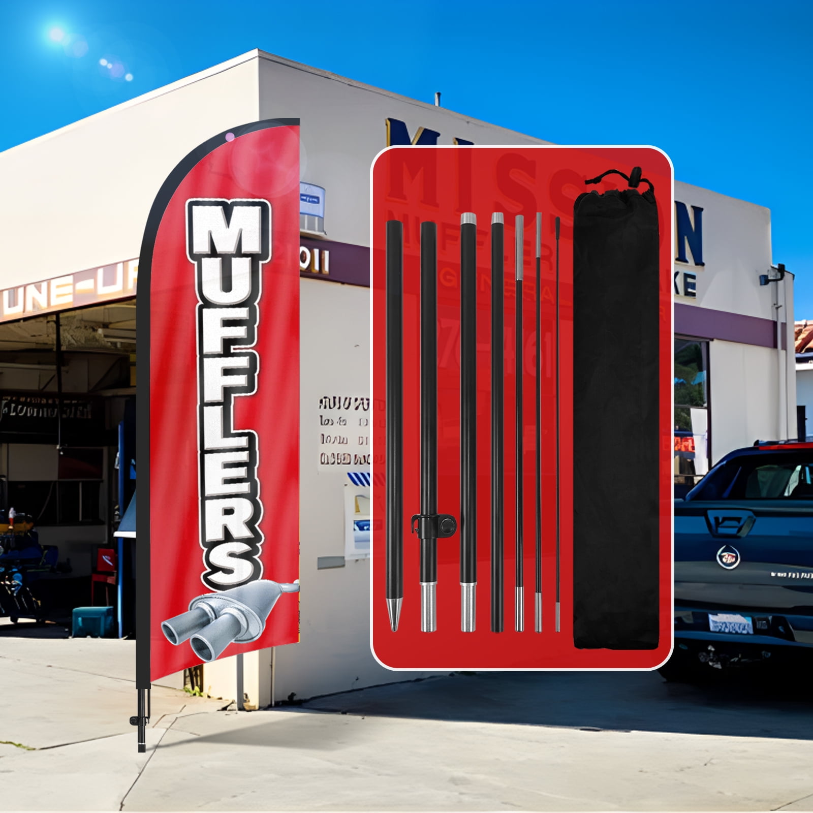 QSUM Mufflers Sign Feather Flag with Pole Kit,7FT Mufflers Decoration ...