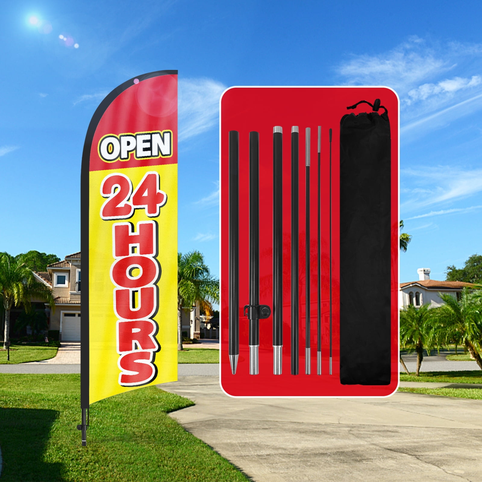 Qsum Open 24 Hours Feather Flag, 8.2FT Windless Banner Sign, Durable ...