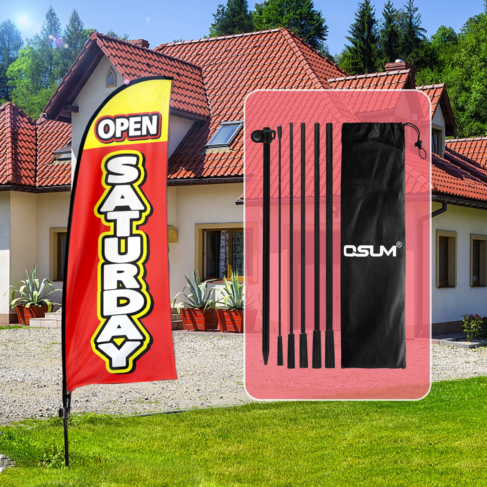 QSUM Open Saturday Themed Swooper Flag, 7FT Open Saturday Banner Feather Flag with Carbon Fiber ...