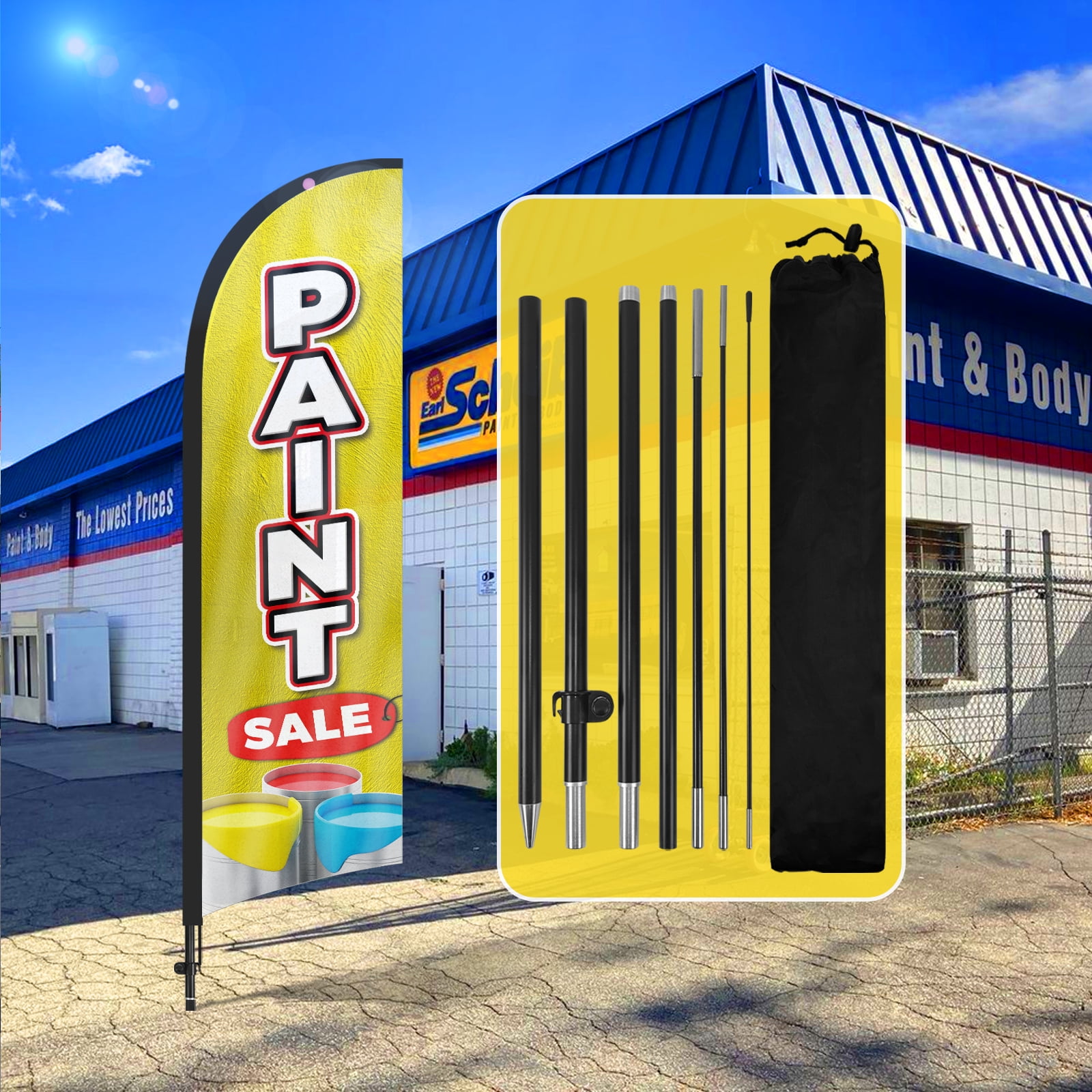 QSUM Paint Sale Feather Flag with Flag Pole Kit and Ground Spike, 8.2FT Paint Sale Windless Flag ...