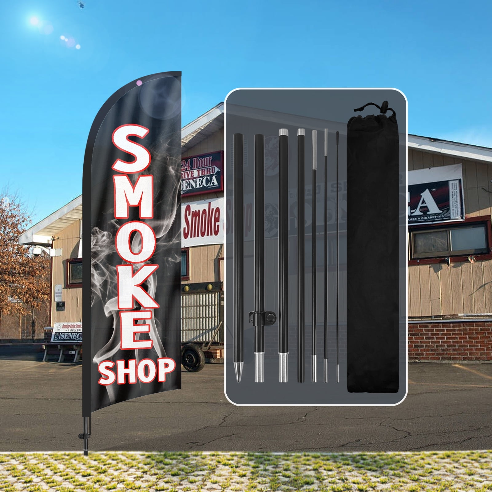 QSUM 8.2FT Smoke Shop Feather Flag with Pole Kit, Portable Advertising ...