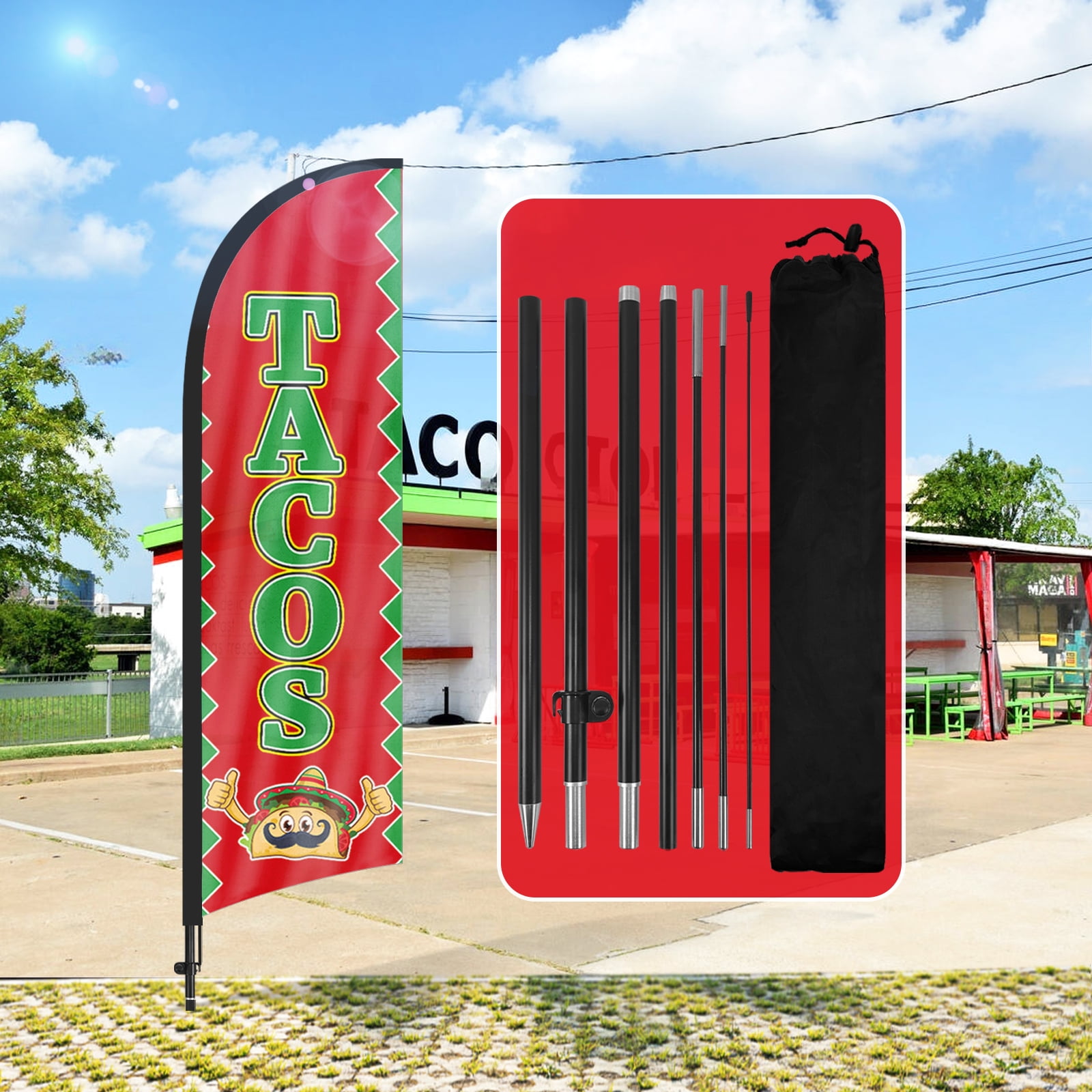 QSUM Tacos Sign Feather Flag with Pole Kit,8.2FT Tacos Decoration ...