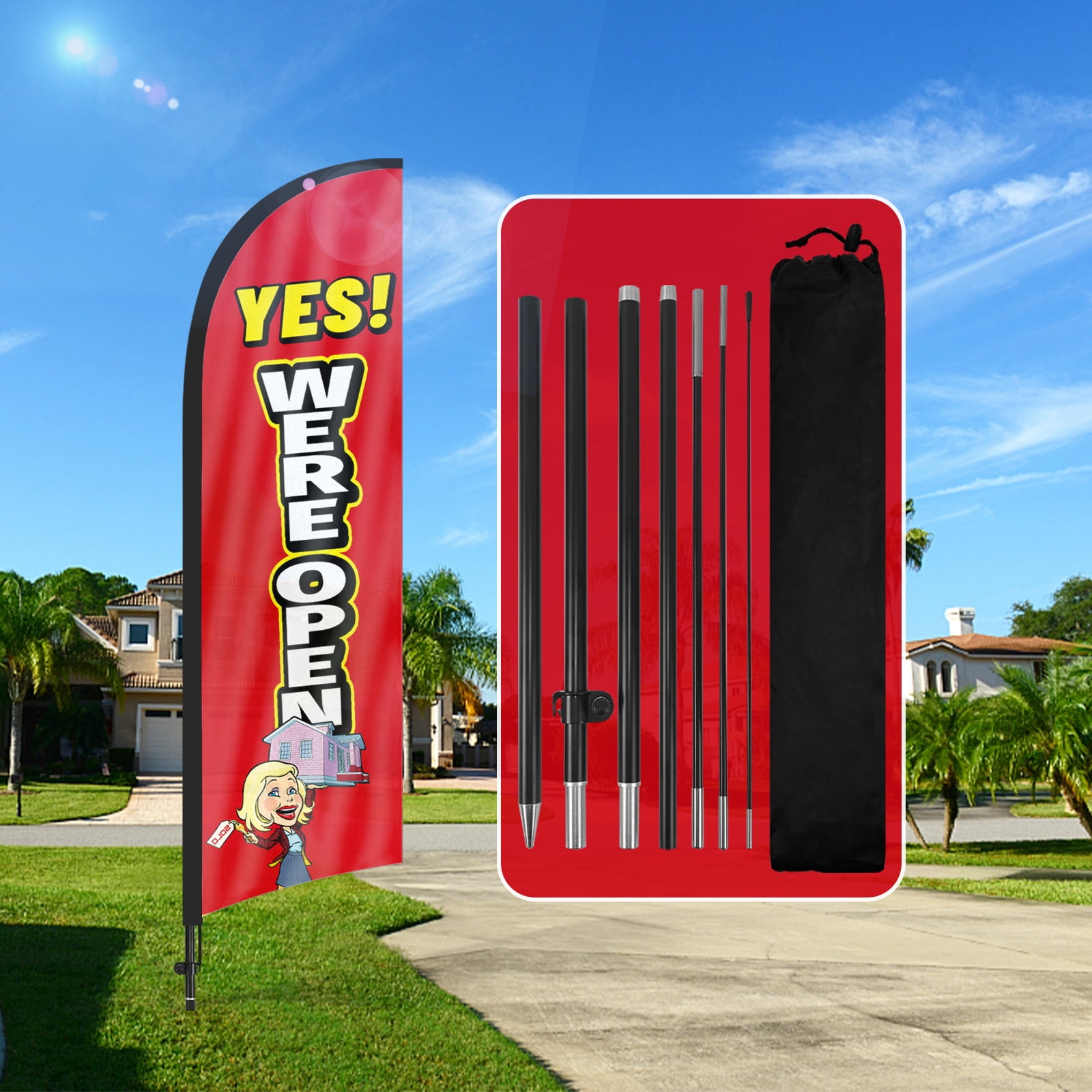 QSUM We are Open Theme Feather Flag and Pole Kit, 7FT Commercial Banner ...