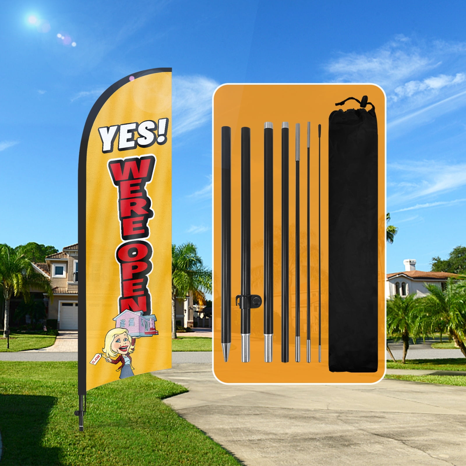 QSUM We are Open Theme Feather Flag and Pole Kit, 7FT Commercial Banner ...