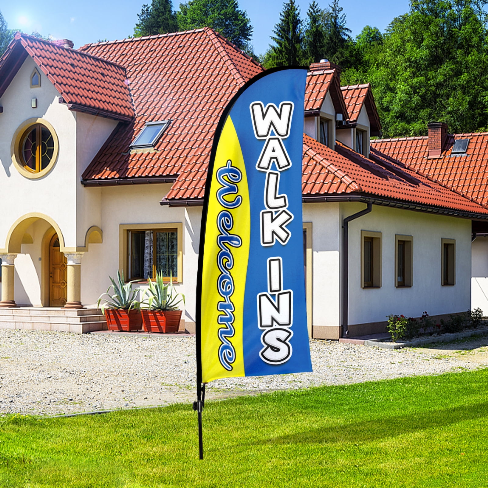 QSUM Welcome Walk ins Sign Feather Flag with Pole Kit,7FT Welcome Walk ...