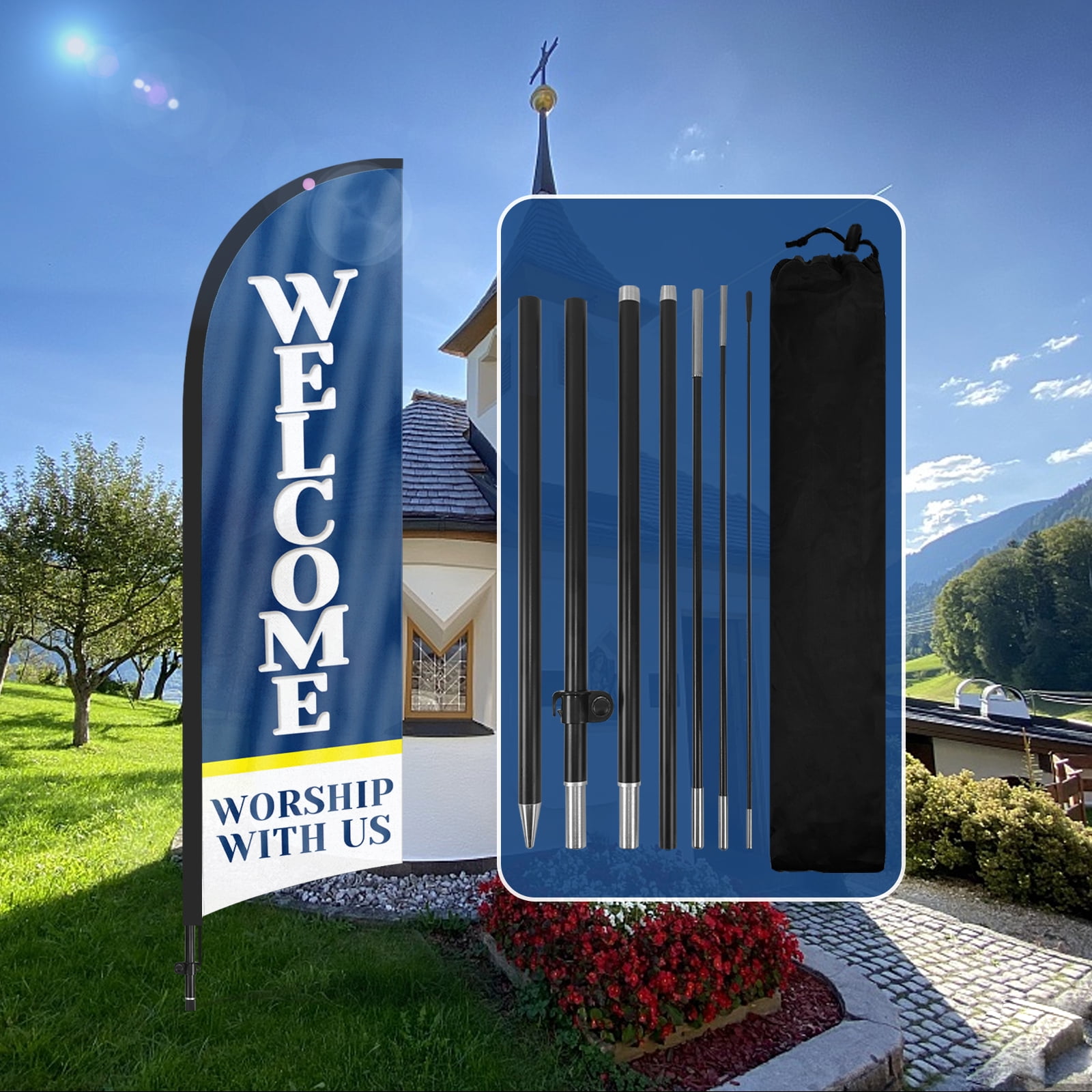 QSUM Welcome Worship With Us Sign Feather Flag with Pole Kit,8.2FT ...