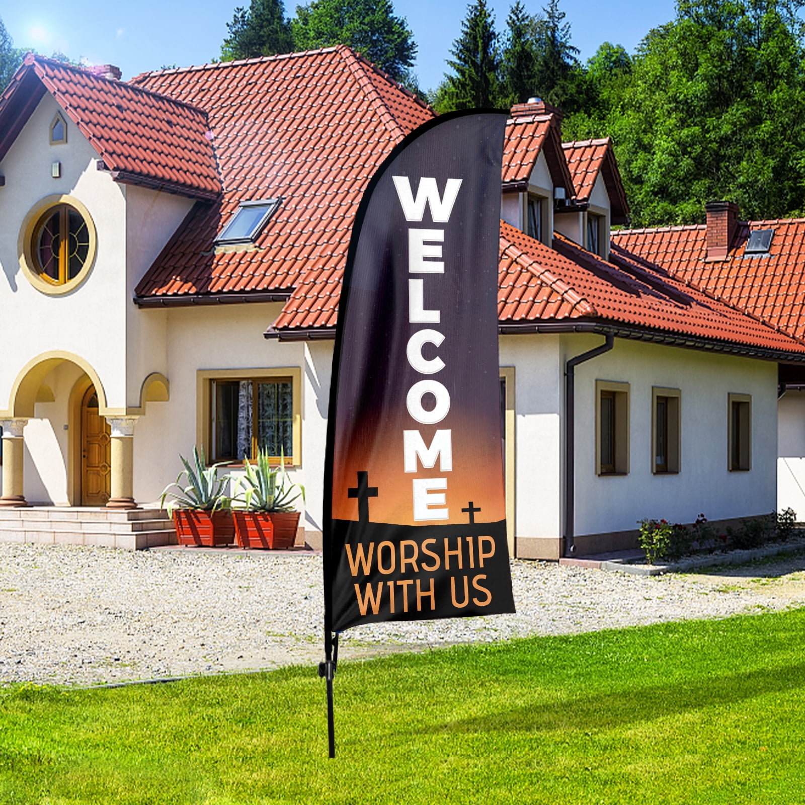 QSUM Welcome worship Sign Feather Flag with Pole Kit,7 Feet Welcome ...