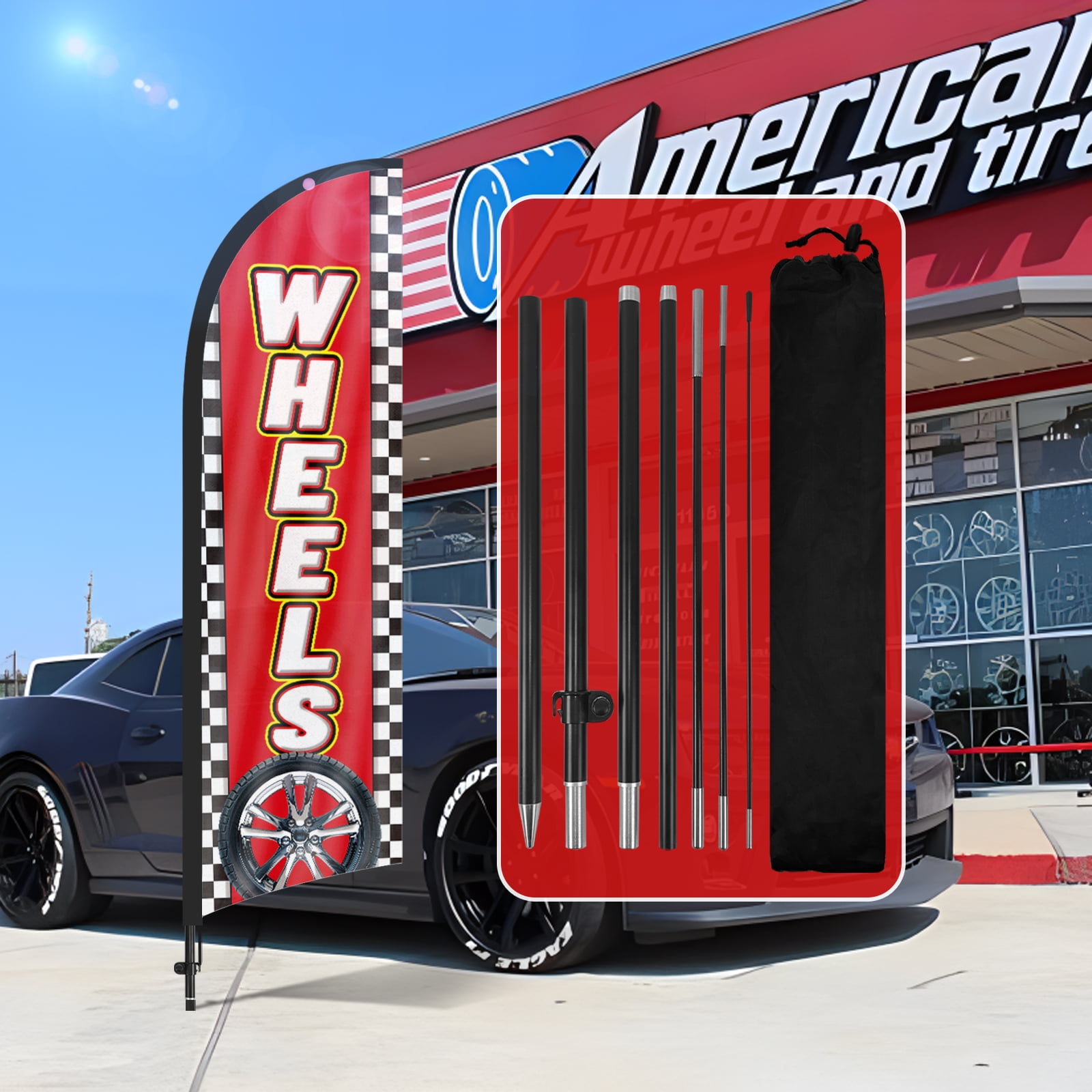 QSUM Wheels Sign Feather Flag with Pole Kit,8FT Wheels Decoration ...