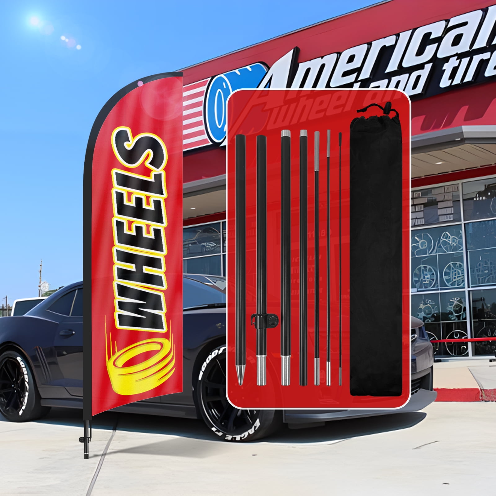 QSUM Wheels Sign Feather Flag with Pole Kit,7FT Wheels Decoration ...