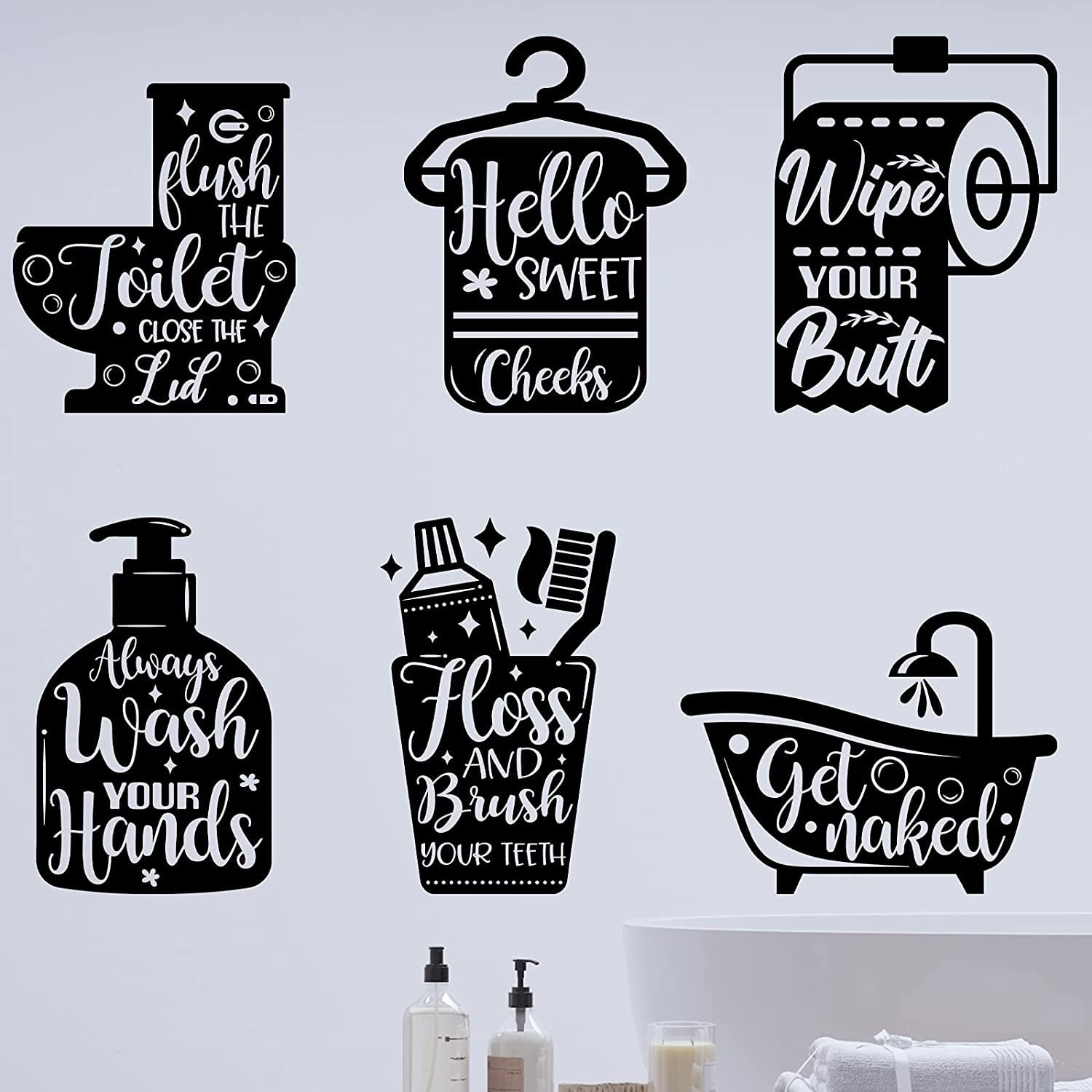QTH 6 Pieces Bathroom Wall Decals Sticker Bathroom Funny Sayings Quotes ...
